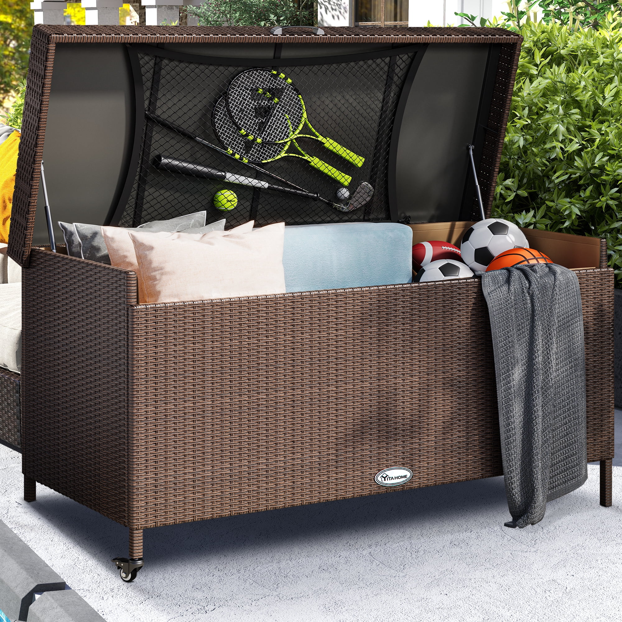 Uforic 200 Gallon Outdoor Wicker Deck Box, Large Rattan Patio Storage ...