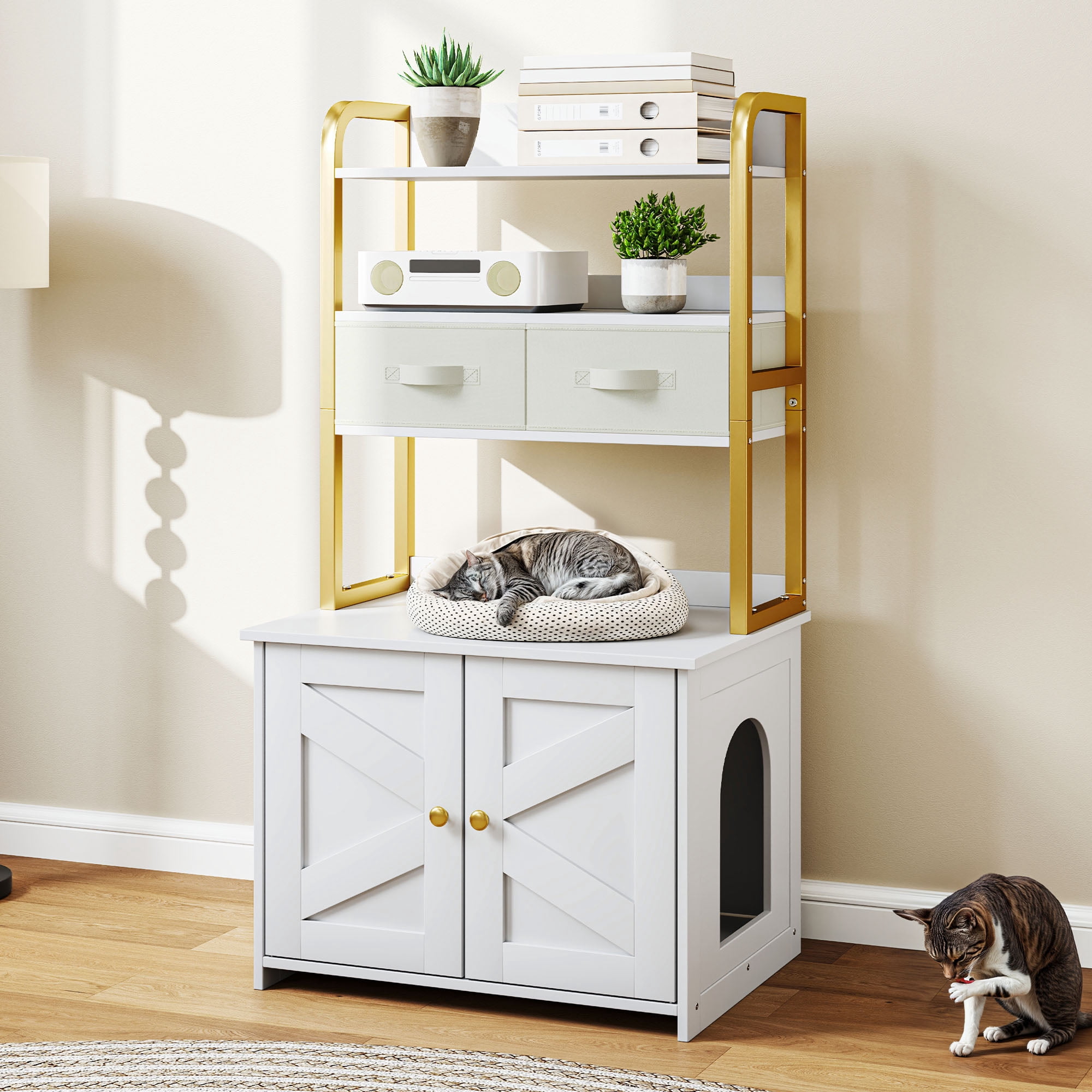 Uforic 27" Cat Litter Box Enclosure with Storage Shelves, Wooden Cat ...