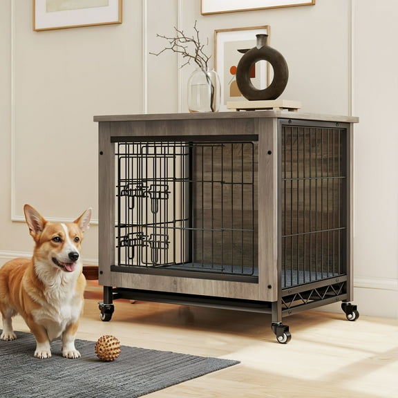 Dog Crate Furniture 38.6" Large Dog Kennel Indoor Wooden Cage with Pull ...