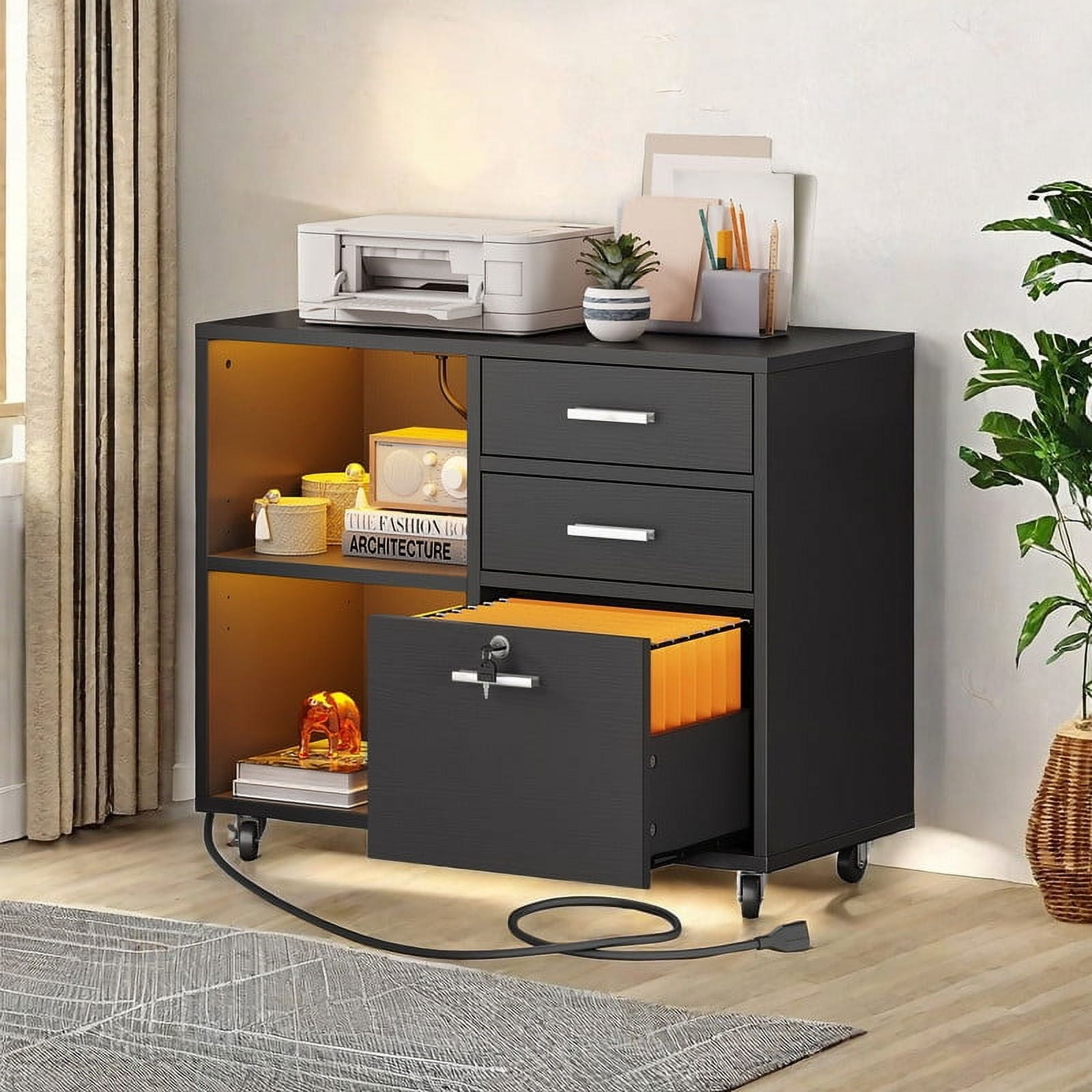 Uforic 3 Drawer File Cabinet With Charging Stationand Lock Mobile Lateral Filing Cabinet With Led