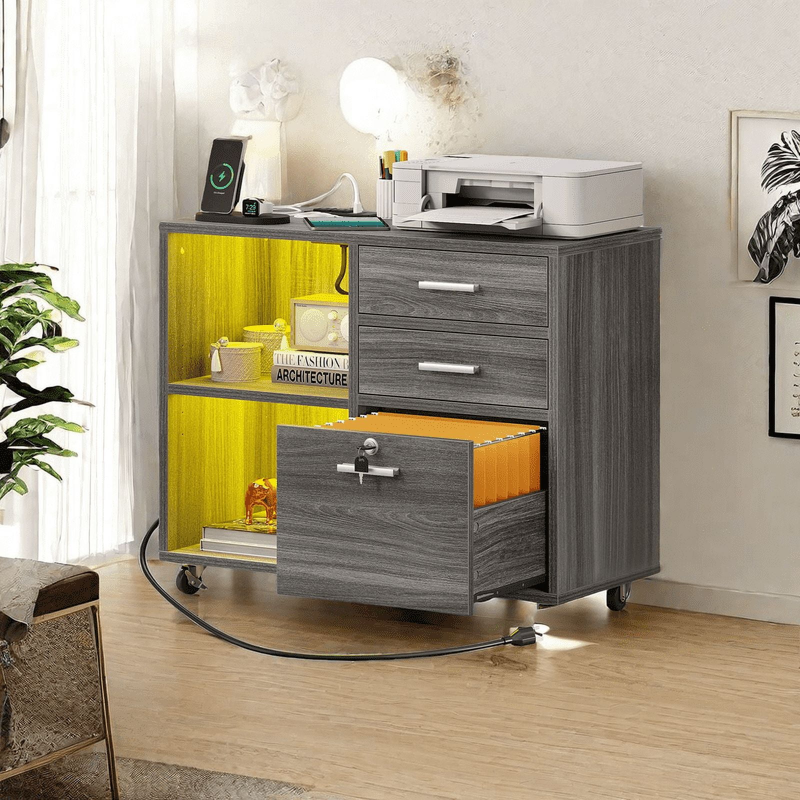 Uforic 3 Drawer File Cabinet with Charging Station& Lock, Mobile ...