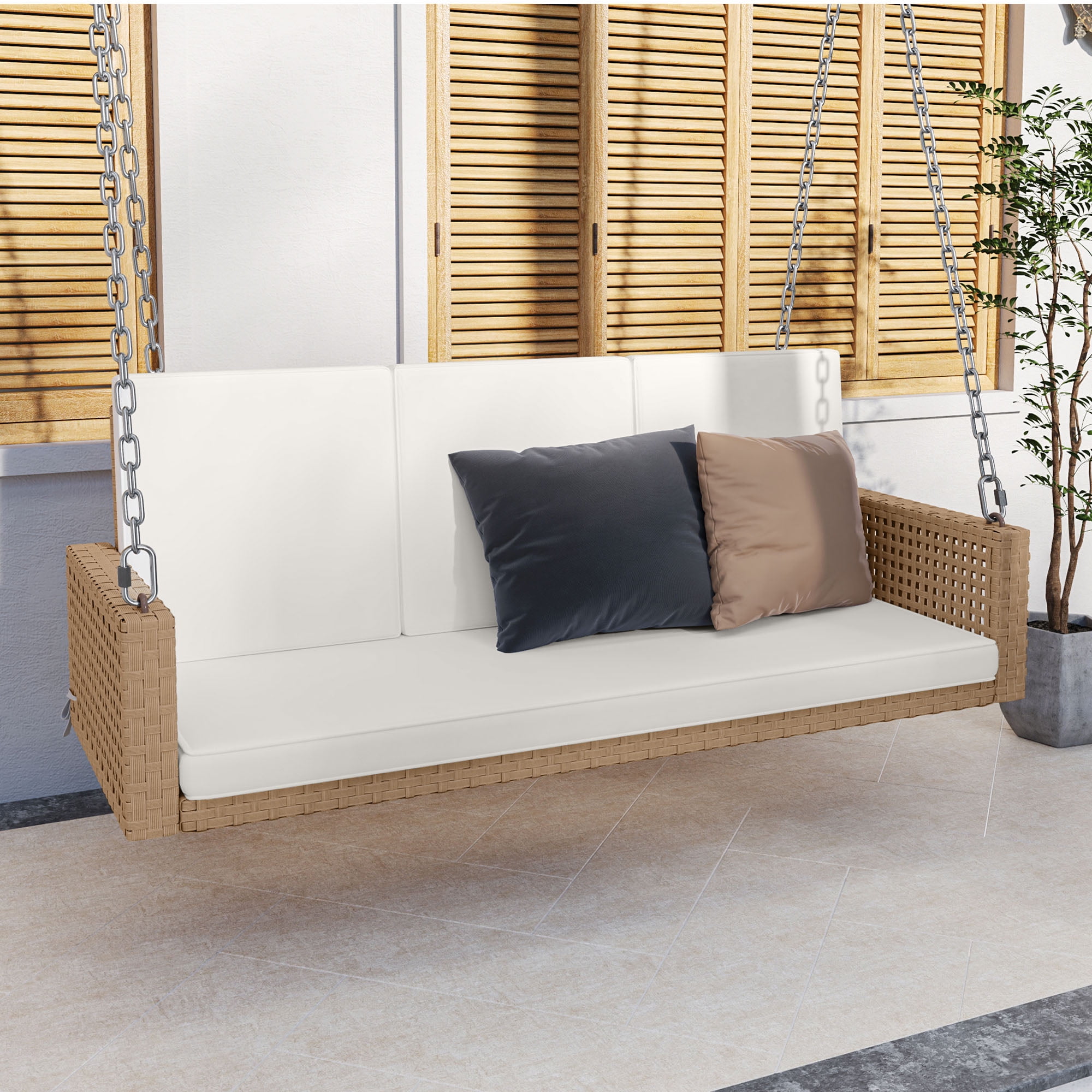 Uforic 3-Person Patio Rattan Hanging Porch Swing Bench Chair Cushion - Beige - Walmart.com