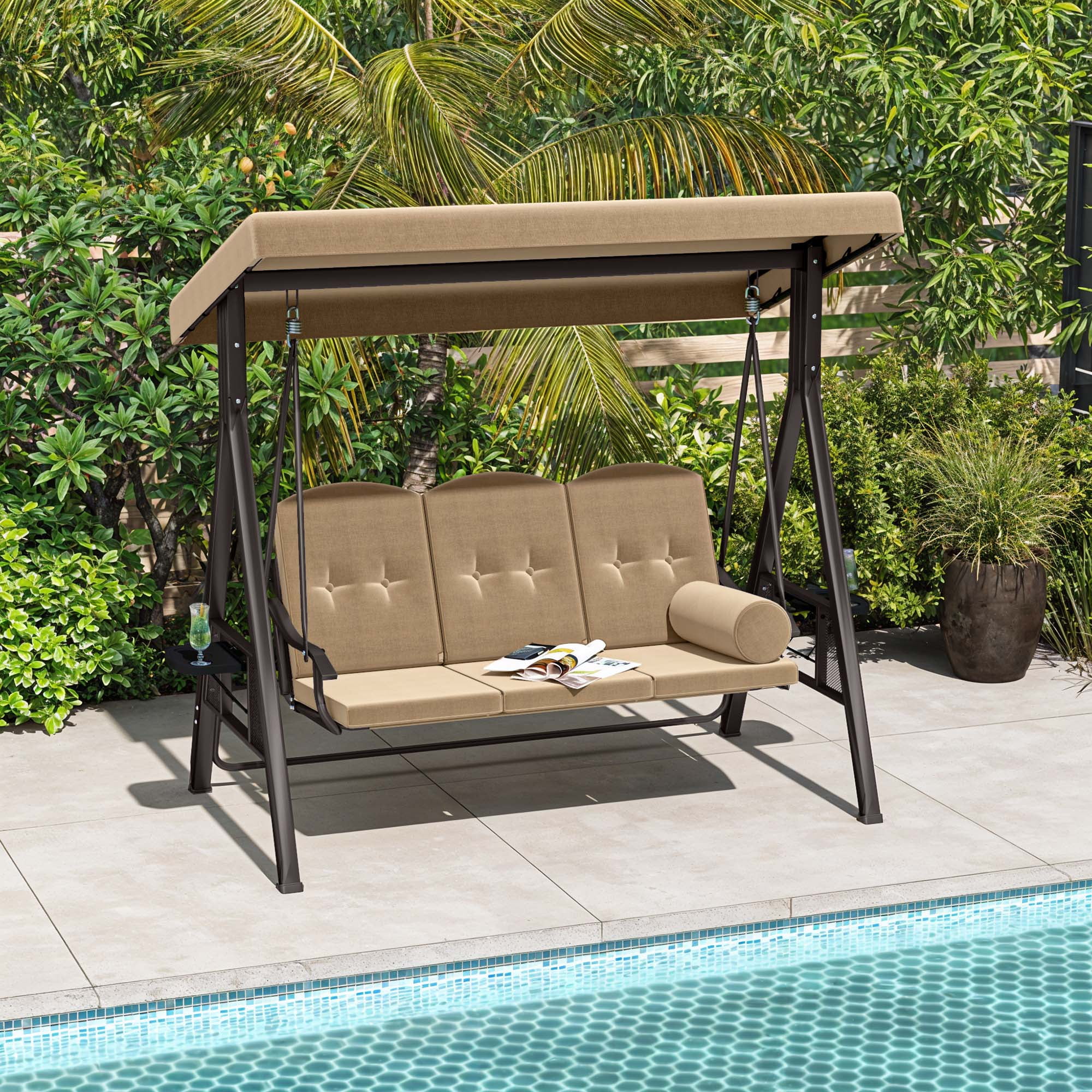 Uforic 3-Seat Outdoor Swing Chair with Adjustable Canopy & Cushions ...