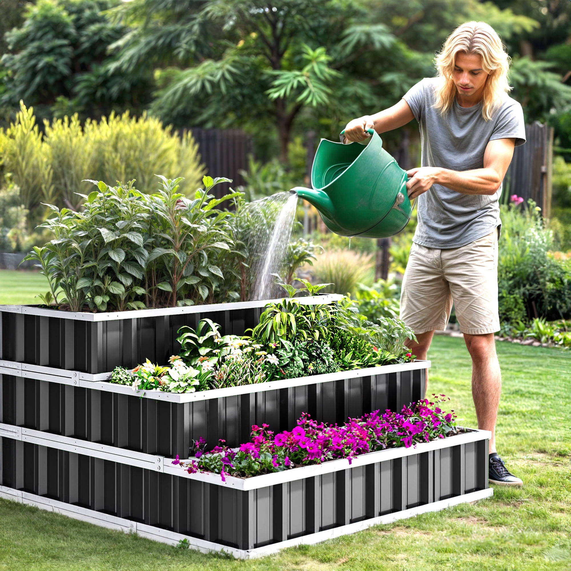 Uforic 3-Tier Large Metal Raised Garden Bed, 4ftx4ftx2ft Outdoor Patio ...