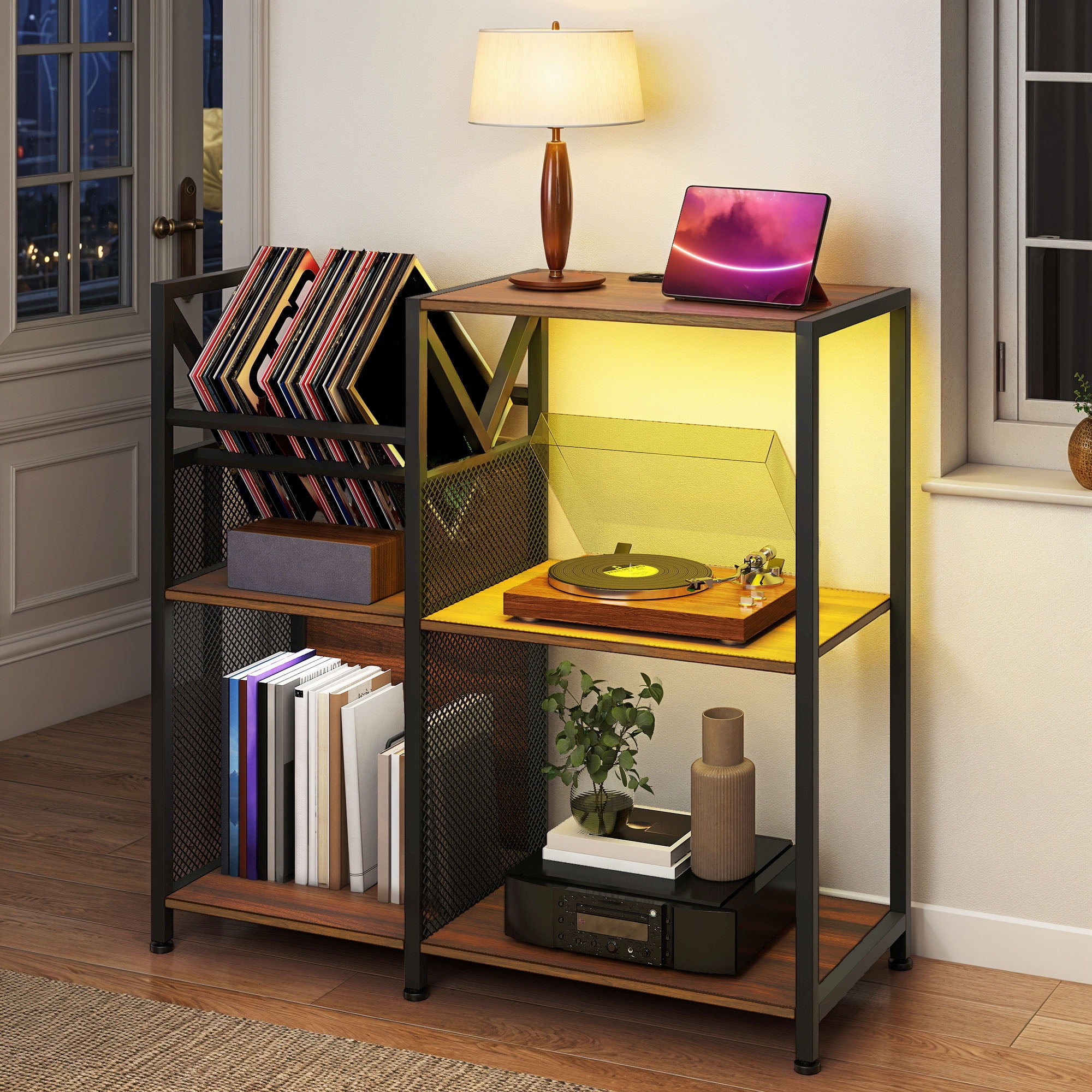 Uforic 3-Tier Vinyl Record Player Stand with RGB LED Light, Power Strip ...