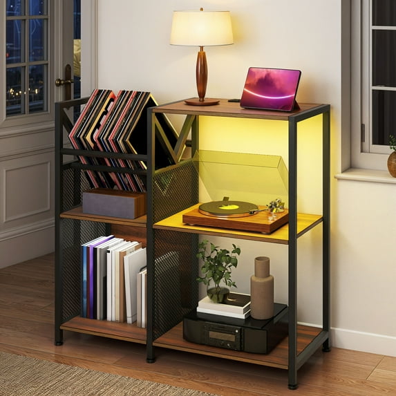 Uforic 3-Tier Vinyl Record Player Stand with RGB LED Light, Power Strip ...