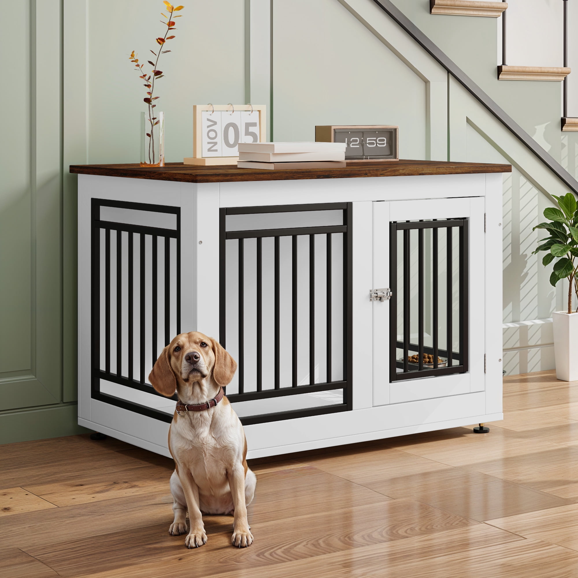 Uforic 35 inch Wooden End Table Dog Crate with Adjustable Feet and 2 ...