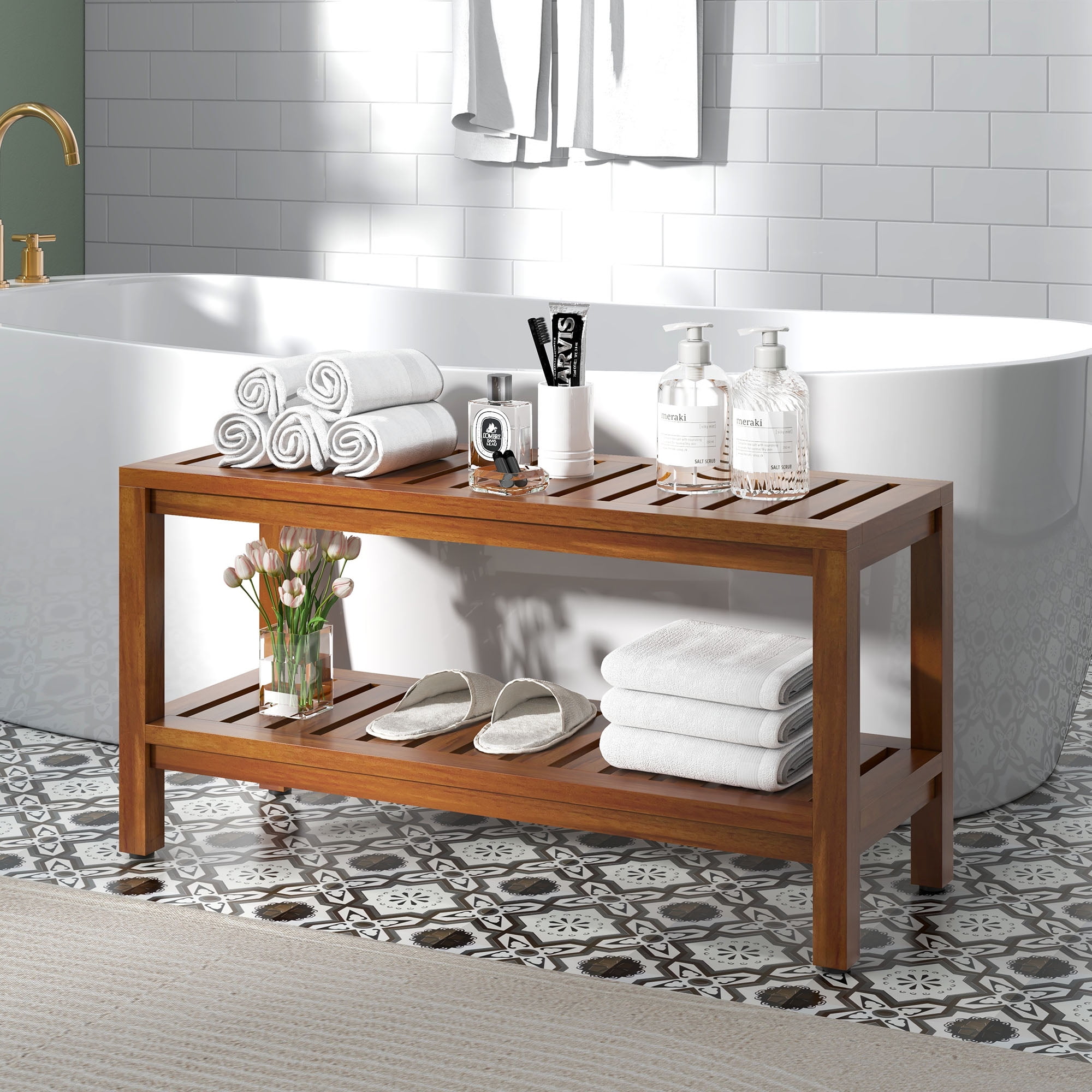 Uforic 36" Shower Seating Bench with Storage Shelf, Teak Wood Shower ...