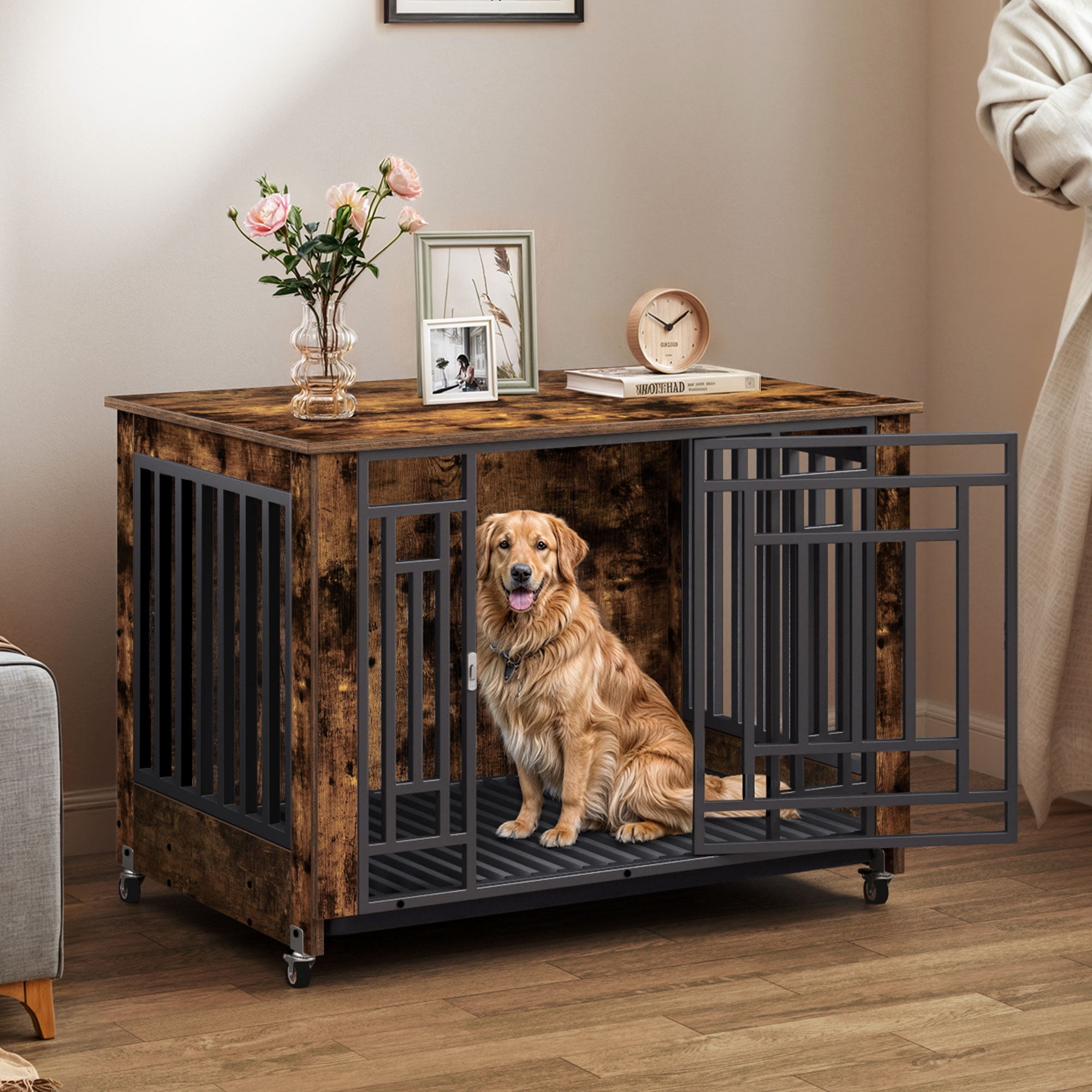 Uforic 38" Dog Crate Furniture with 4 Wheels, Indoor Furniture Style ...