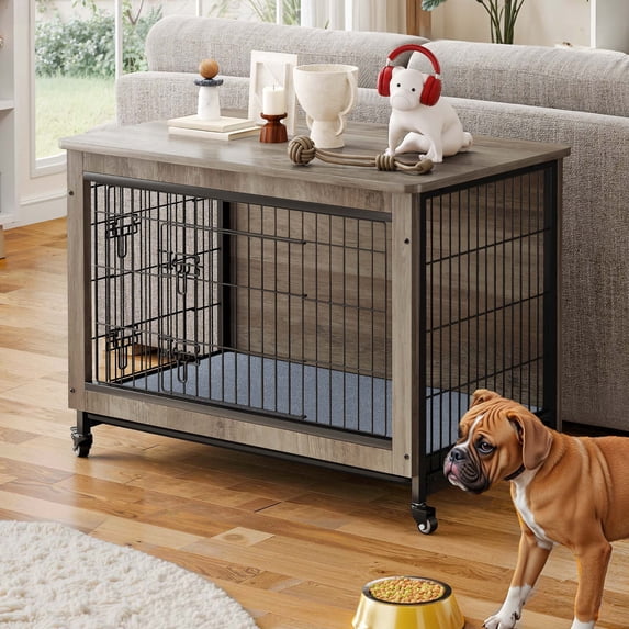 Uforic 38" Dog Crate Furniture with Cushion & Tray, Wooden Indoor Dog ...