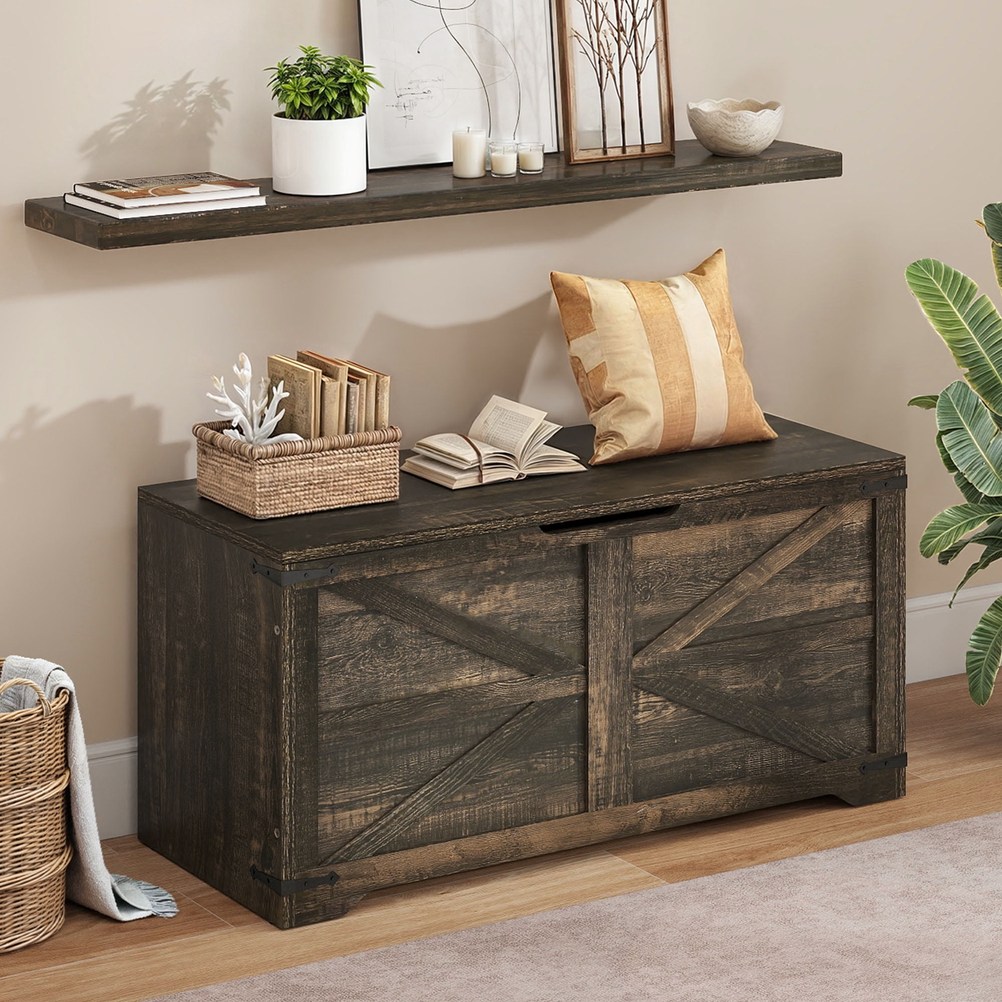 Uforic 39.4" Farmhouse Storage Bench, Wooden Chest with Safety Hinges ...