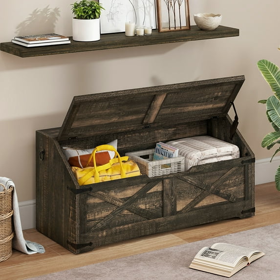 Uforic 39.4" Farmhouse Storage Chest with 4 Wheels, Wooden Storage ...