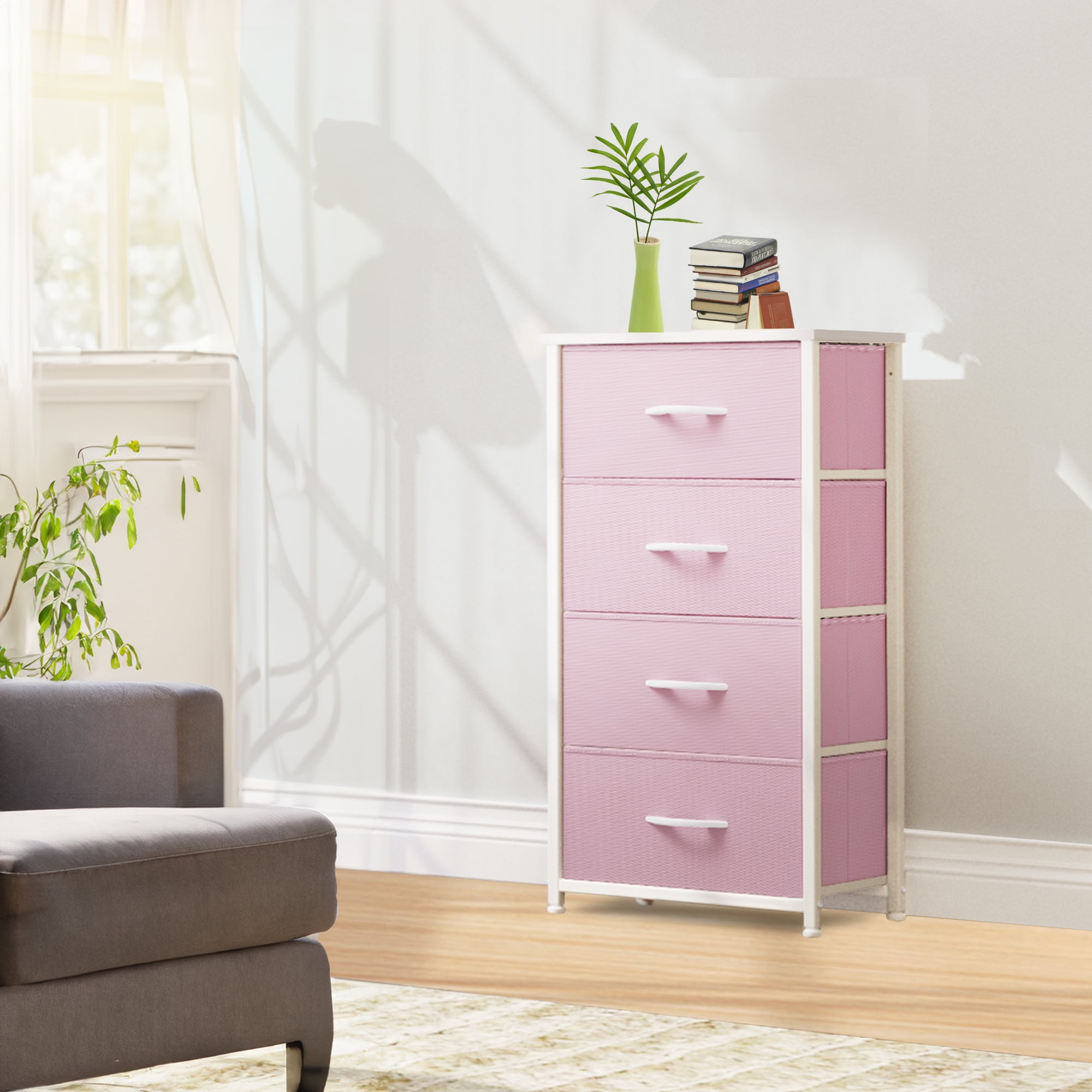 Uforic 4-Drawer Pink Fabric Dresser, Storage Organizer with Steel Frame ...