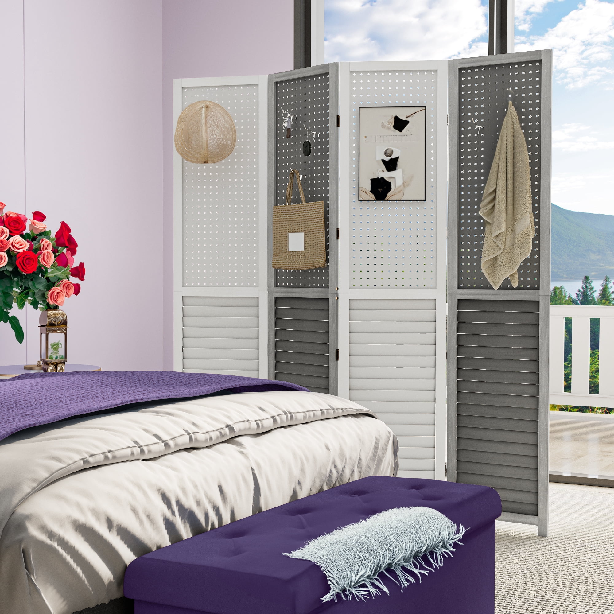 Uforic 4 Panel Folding Freestanding Privacy Screens with Pegboard ...