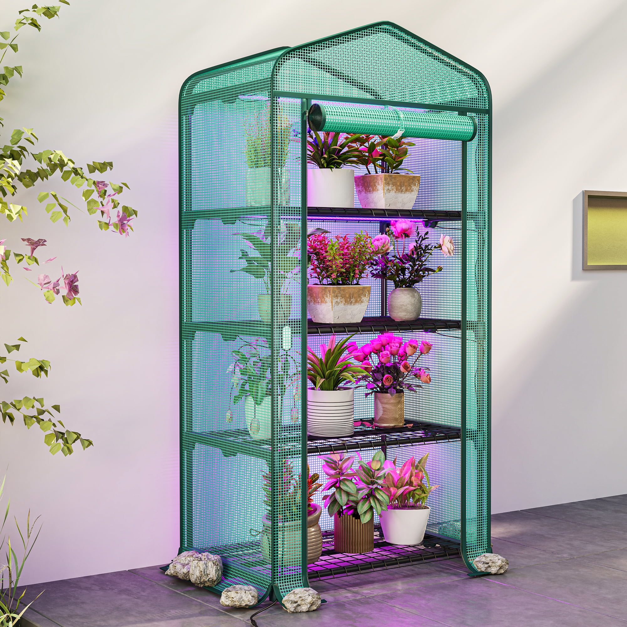 Uforic 4-tier green portable greenhouse, 9 light 60W lamps with timer ...