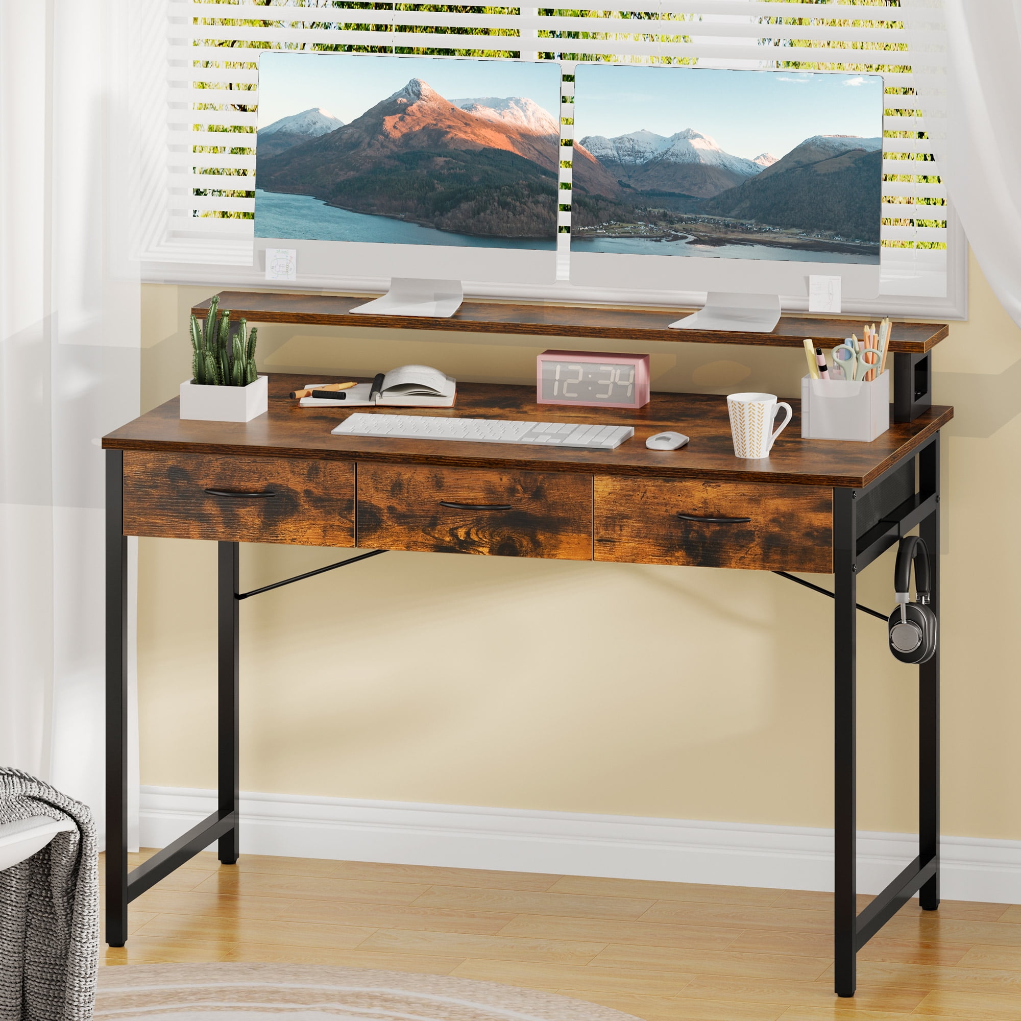 Uforic 40" Computer Desk with Monitor Stand & 3 Drawers, Modern Small ...