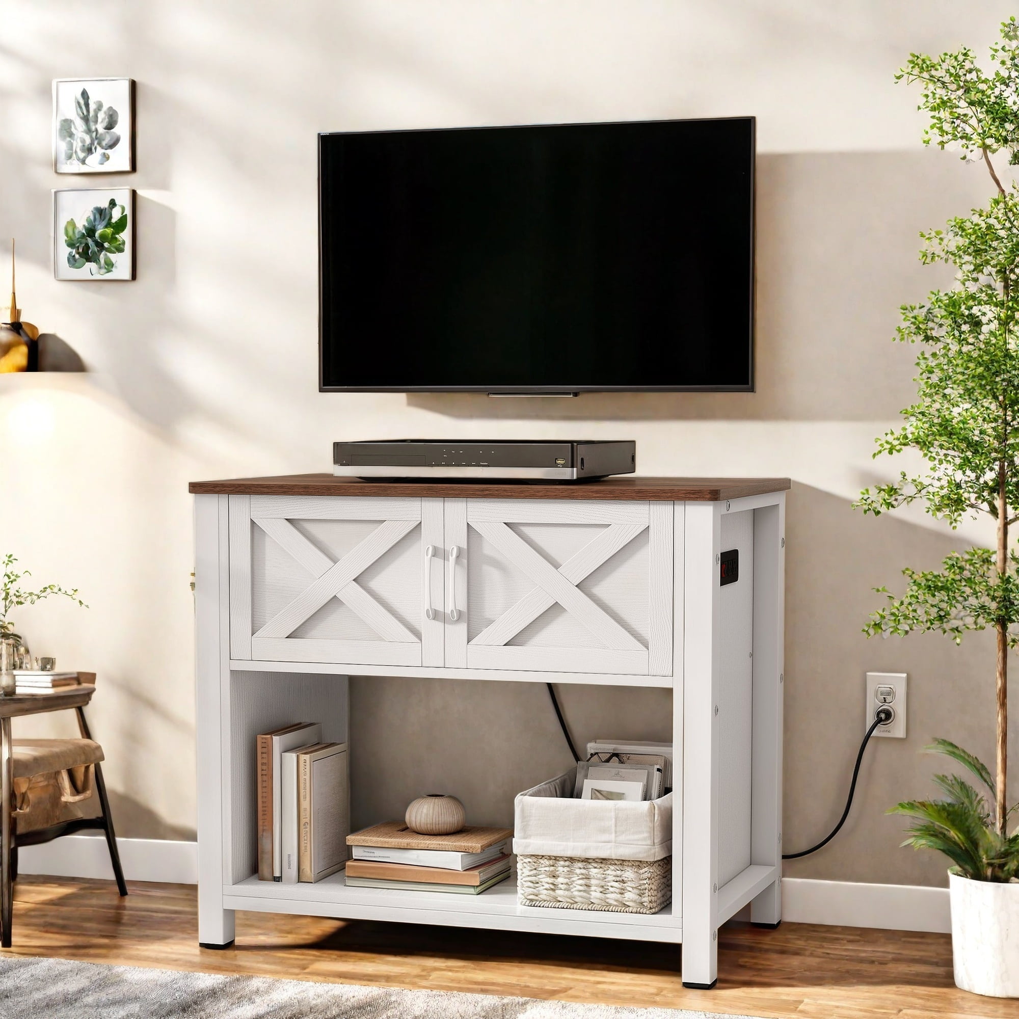 Uforic 40-Inch Farmhouse TV Stand with Storage Cabinet and Power Outlet ...