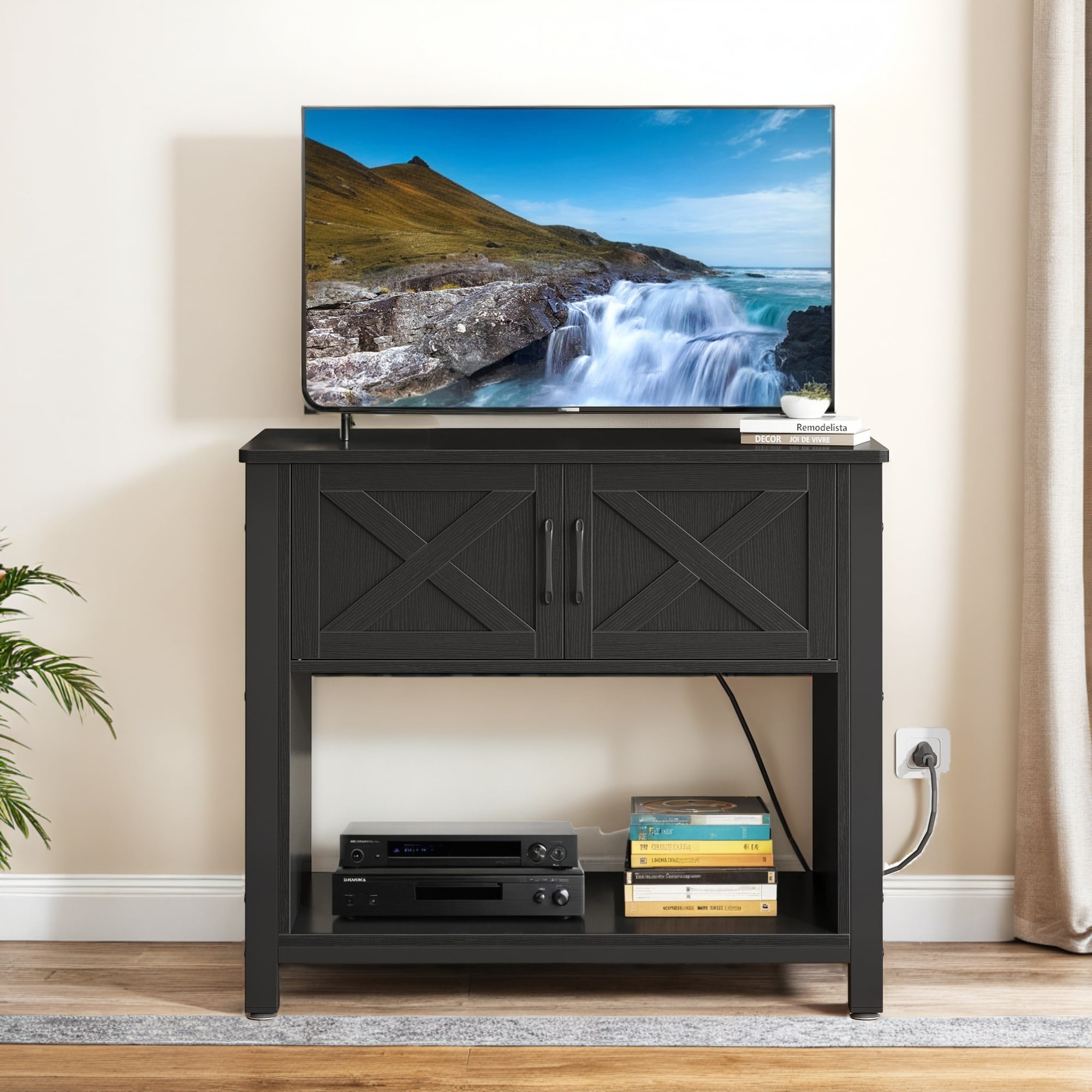 Uforic 40-Inch Farmhouse TV Stand with Power Outlet, Wooden TV Console ...