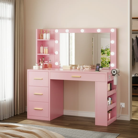 Modern White Vanity Desk with LED Mirror & 3-Color Adjustable Lighting ...