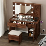 T4TREAM Farmhouse Vanity Desk with LED Lighted Mirror, Rustic Makeup ...