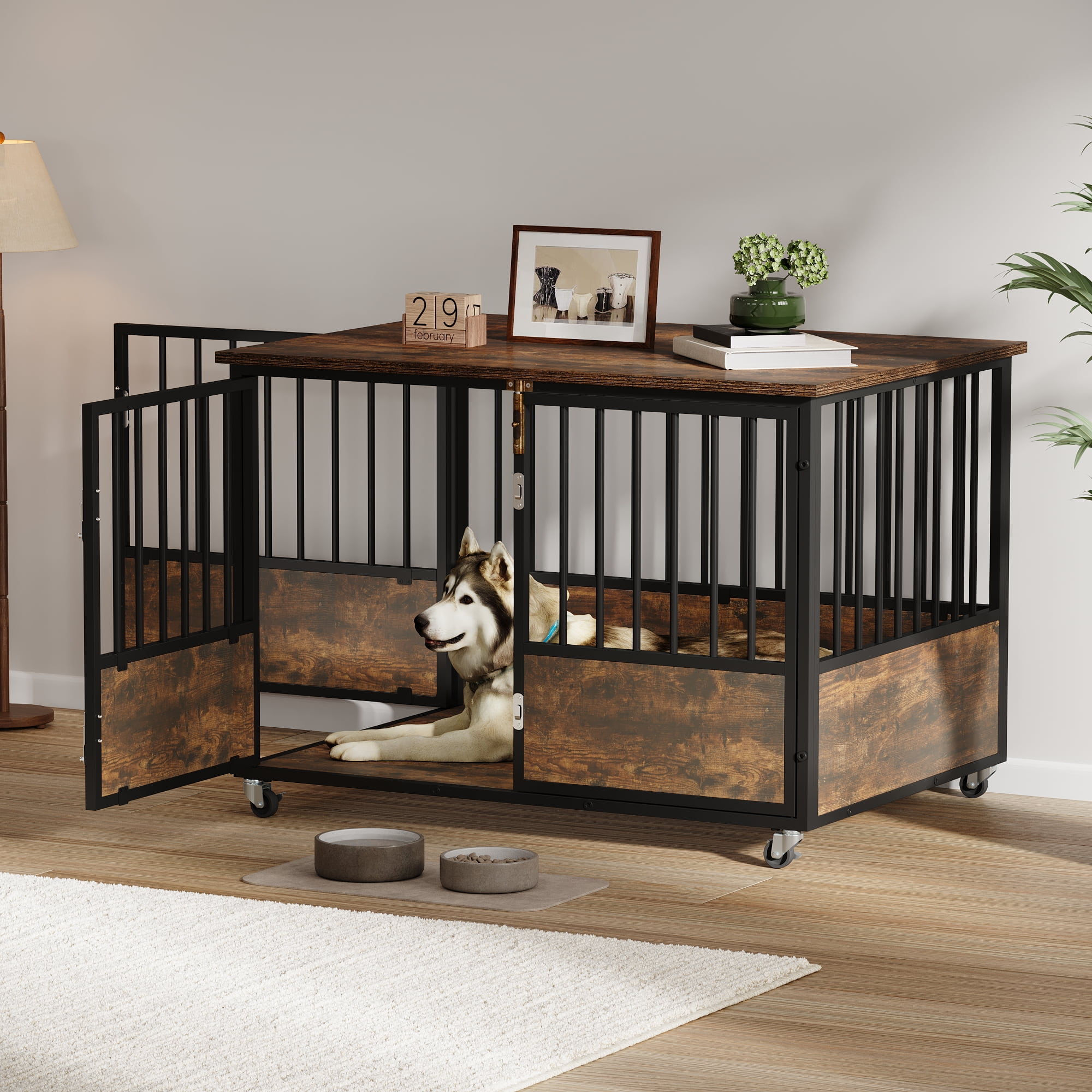 Uforic 43" Rustic Brown Dog Crate Furniture with Wheels, Double-Door ...