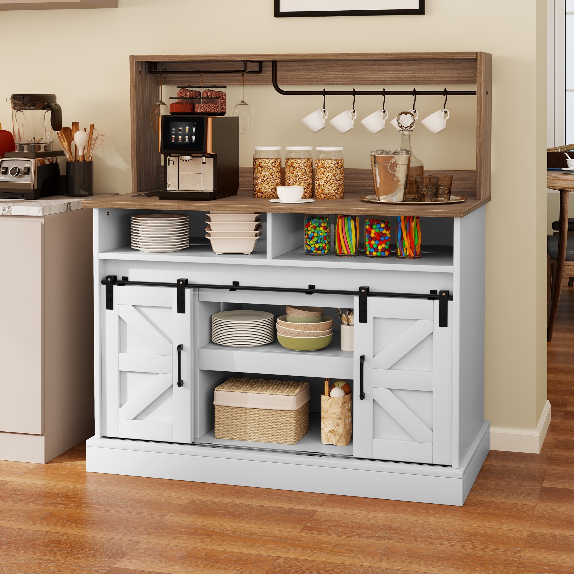 Uforic 47" Farmhouse Coffee Bar Cabinet with Power Outlets, Sliding ...