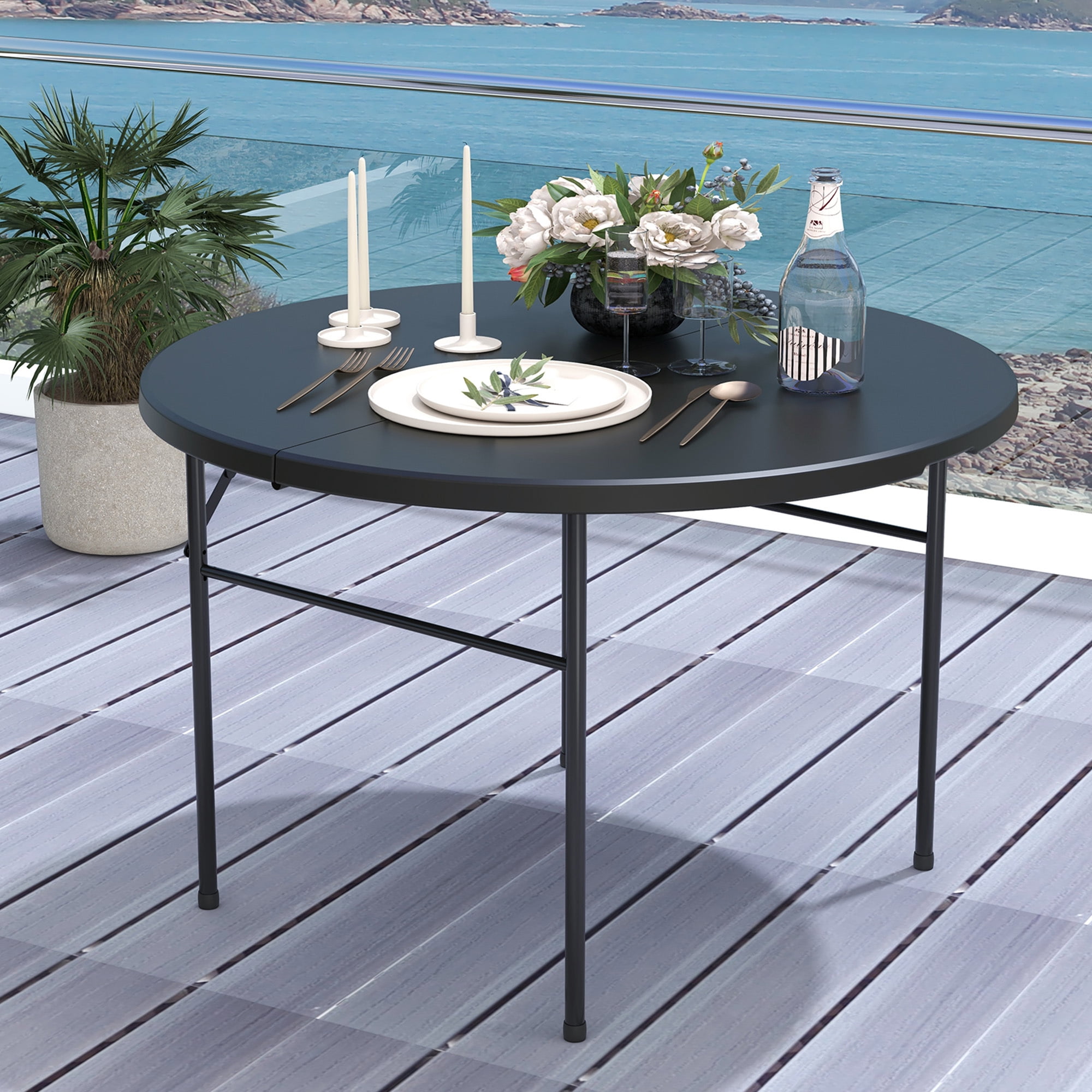 Uforic 48 Inch Round Folding Table Black Plastic with Metal Frame ...