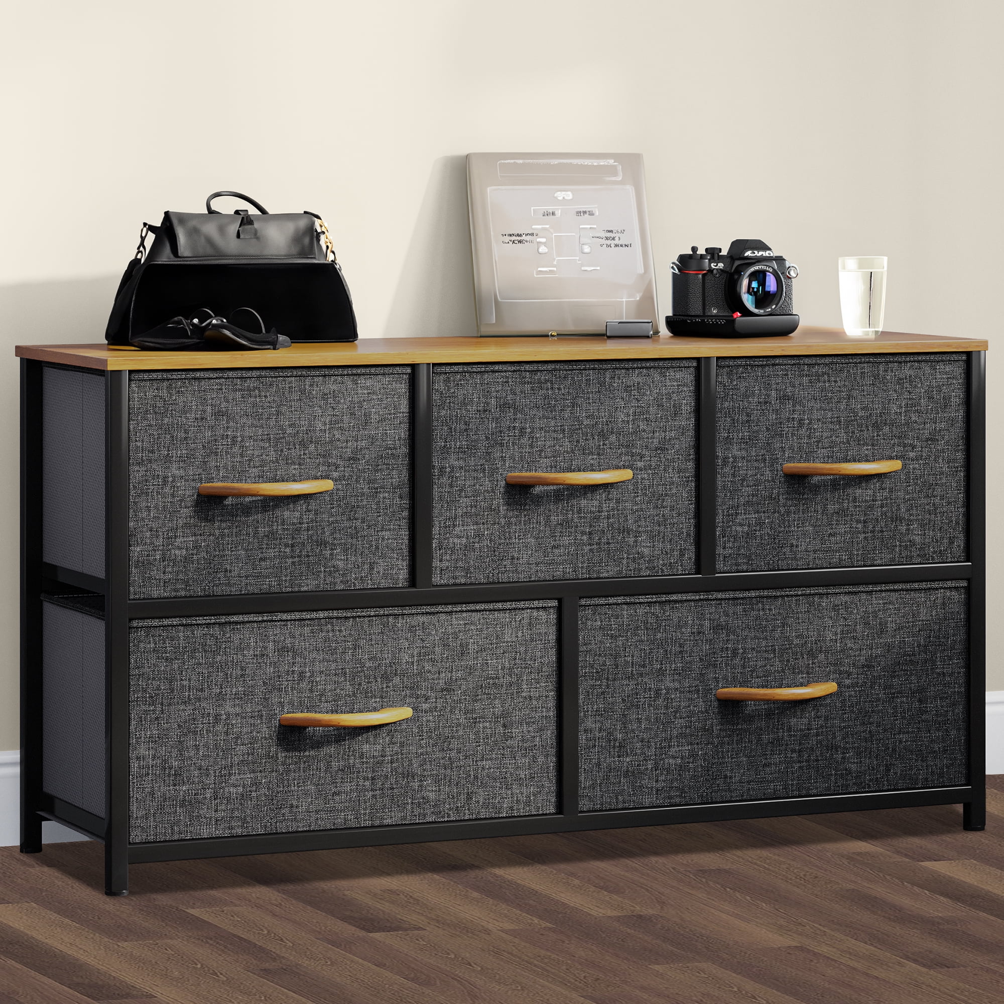 Uforic 5-Drawer Fabric Dresser with Wooden Top, Wide Storage for , Dark ...