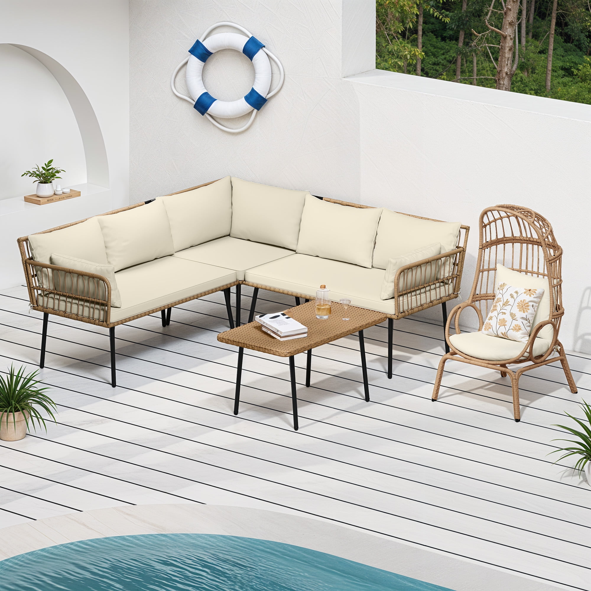 Uforic 5-Piece Wicker Patio Furniture Set with Egg Chair, All Weather ...
