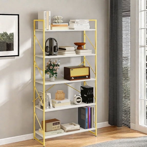 Uforic 5 Tier Bookshelf, Modern Gold& White Bookcase, Open Bookcase ...