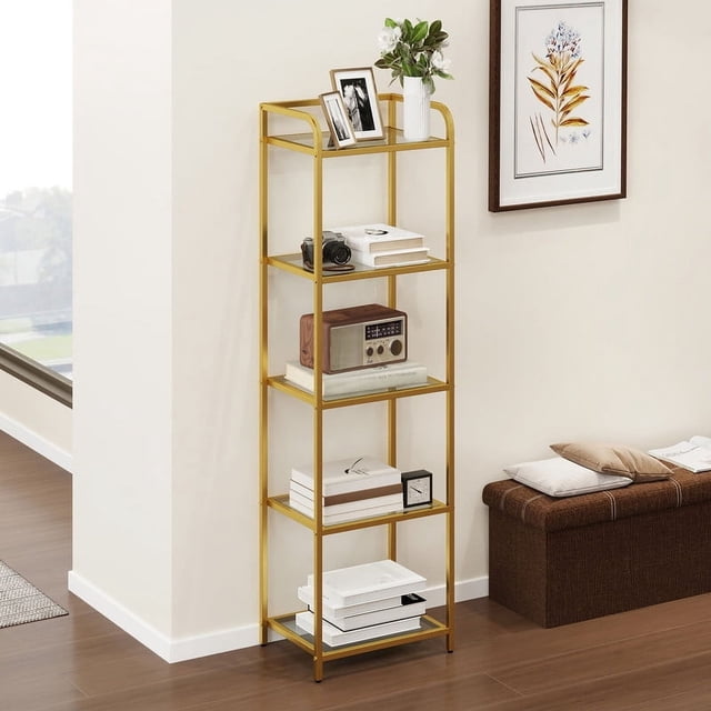 Uforic 5 Tier Modern Bookshelf, Tempered Glass Narrow Bookshelf, Open ...