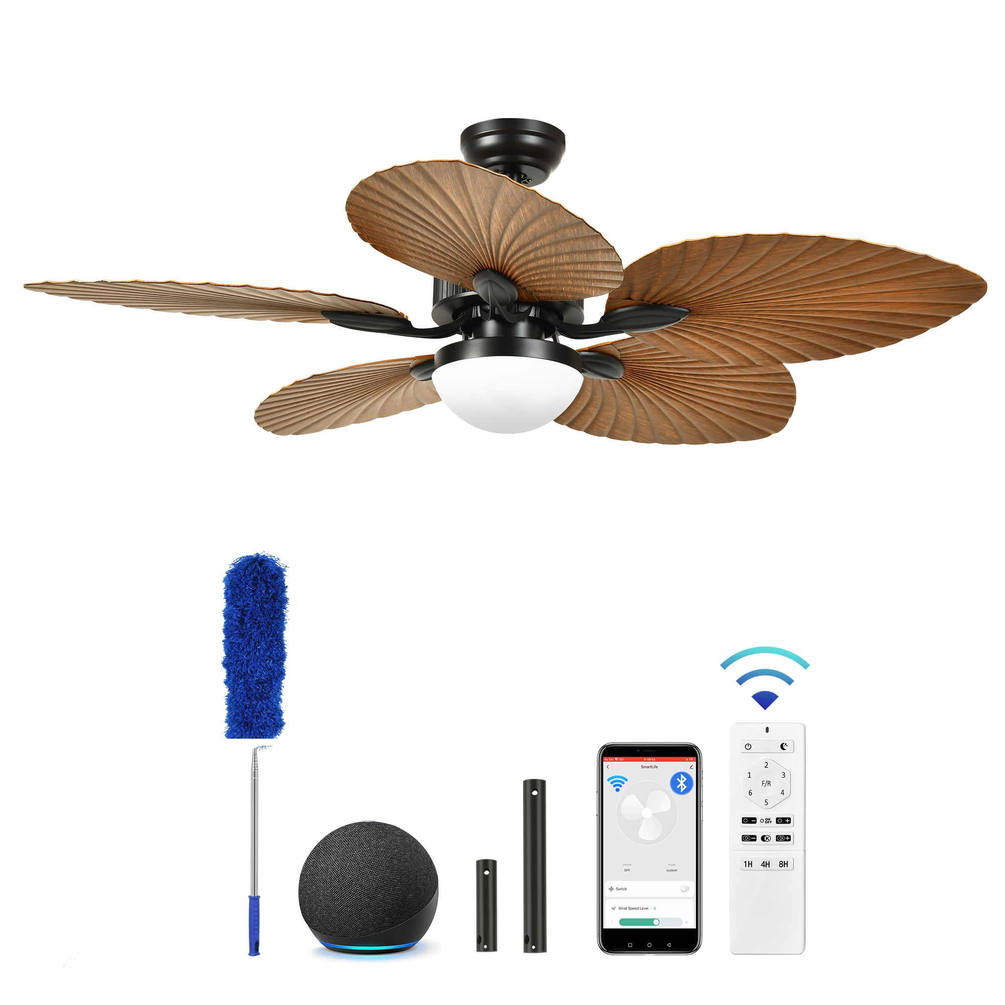Uforic 52in Tropical Ceiling Fan with LED Light Remote Alexa 5 Palm ...