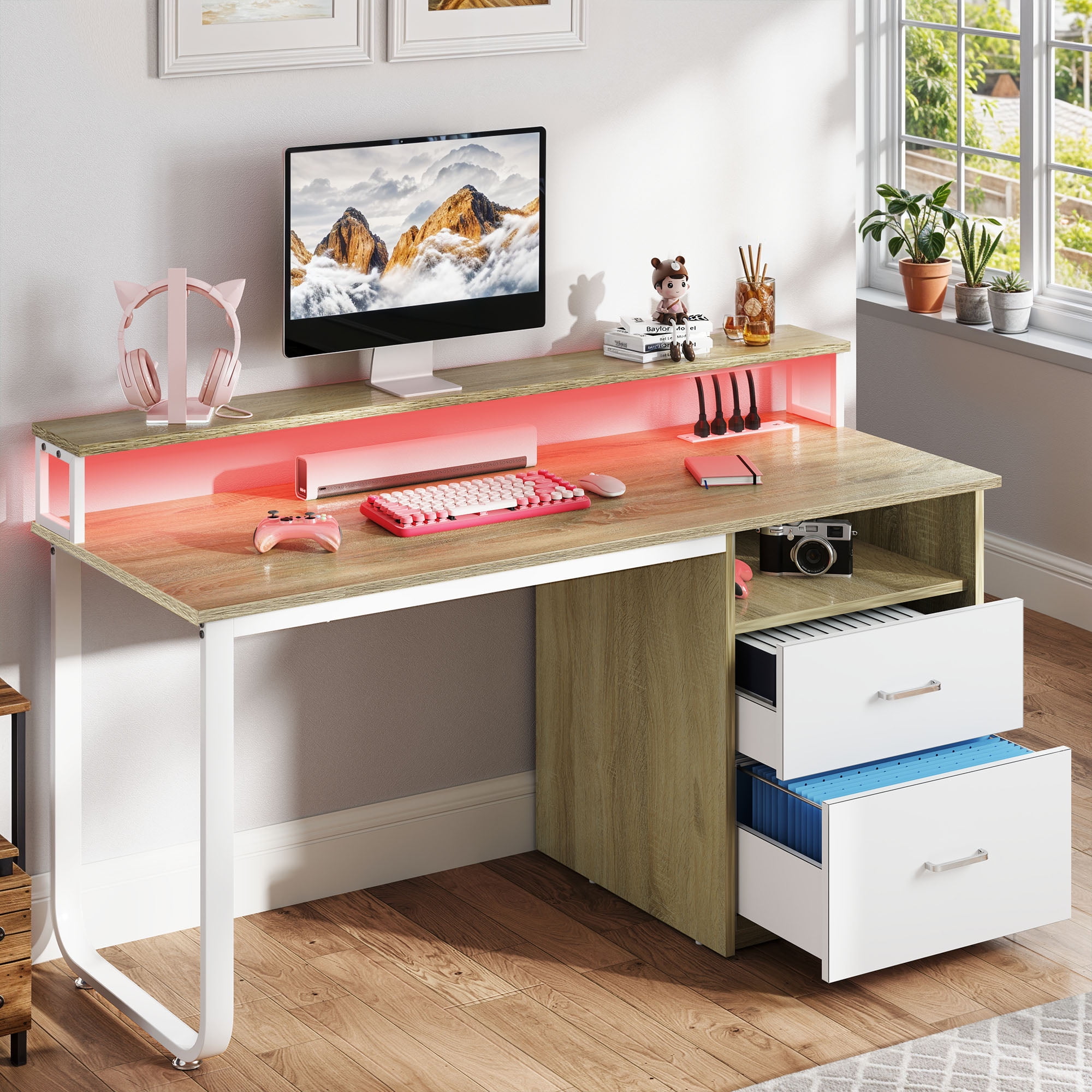 Uforic 55" Computer Desk with Storage Drawers & LED Light, Office Desk ...