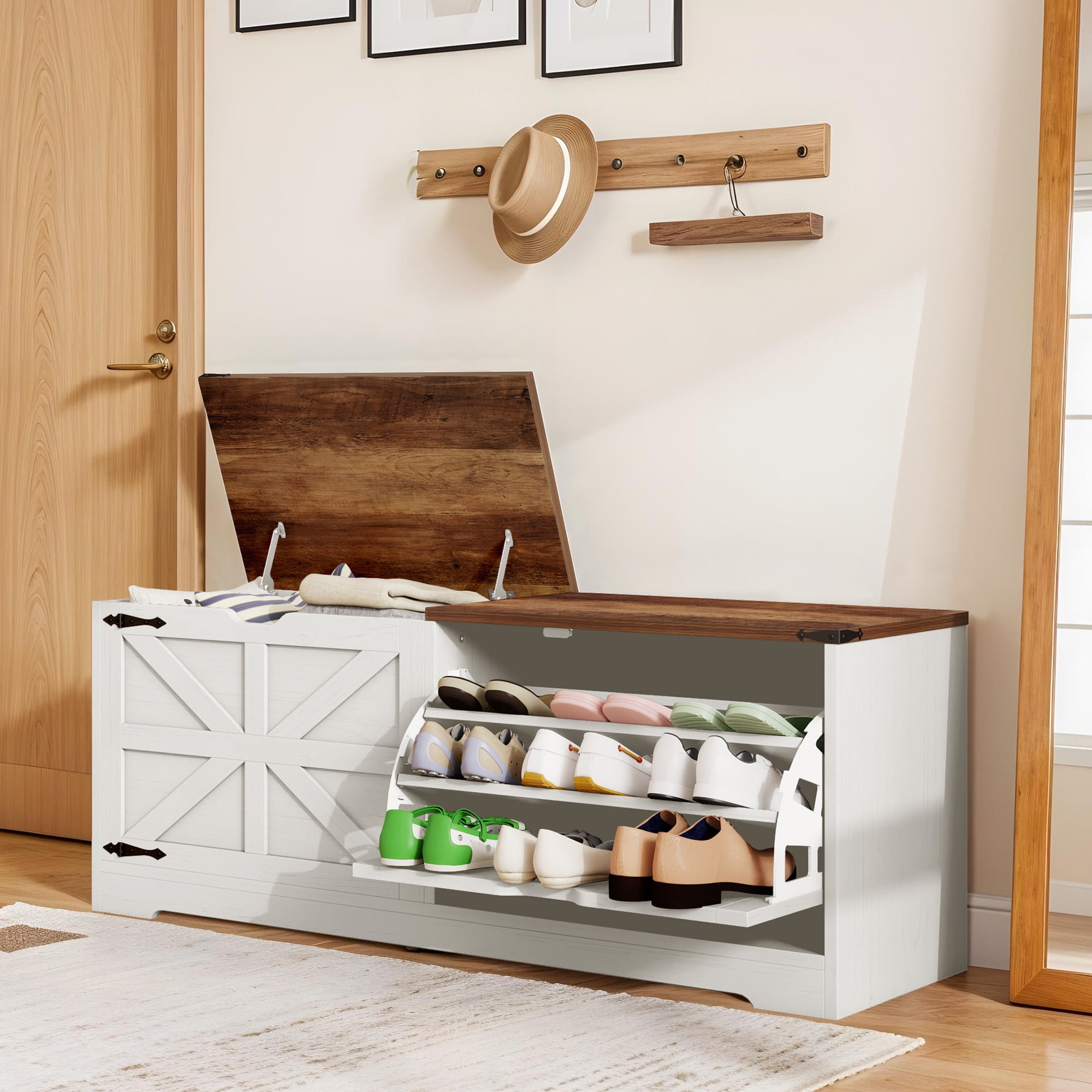 Uforic 55" Farmhouse Shoe Storage Bench, Wooden Shoe Cabinet, Wooden ...