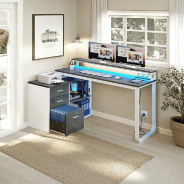 Dextrus L Shaped Desk with LED Light & Power Outlets, 55 Inch ...