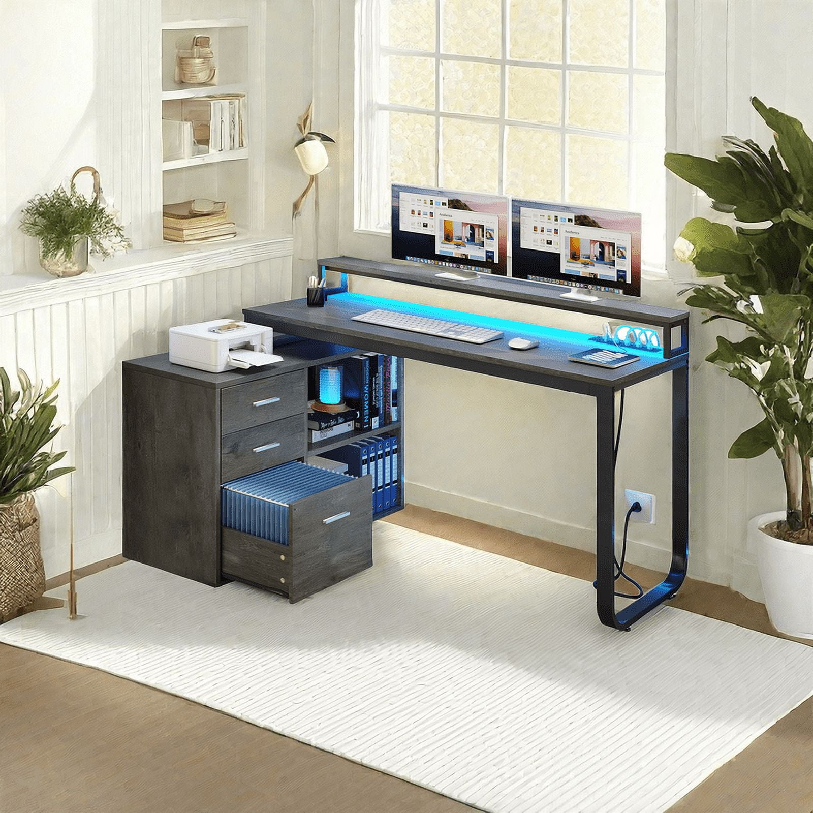 Uforic 55"L Shaped Desk with LED Light, Computer Desk with Power ...