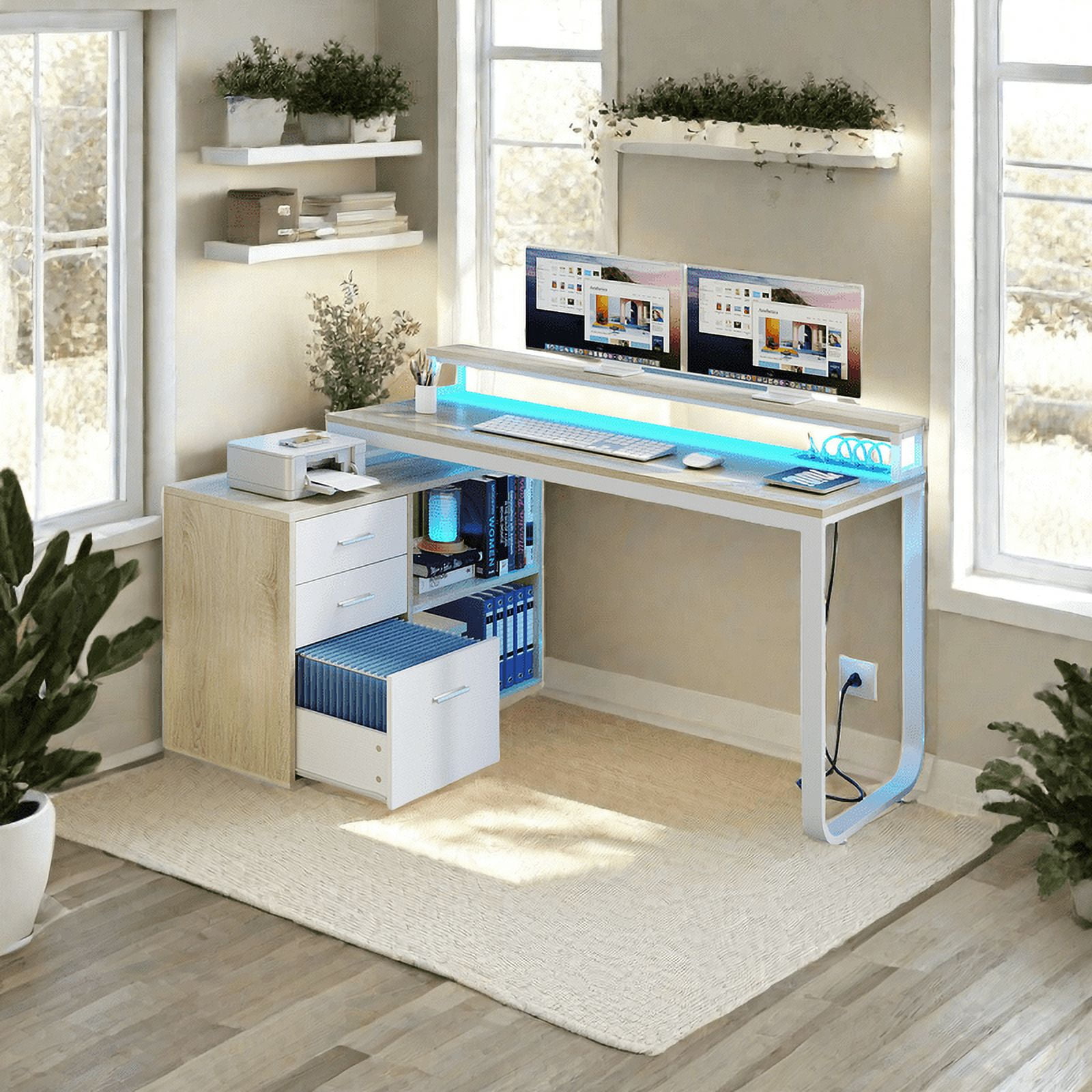 Uforic 55"L Shaped Desk with LED Light, Computer Desk with Power ...