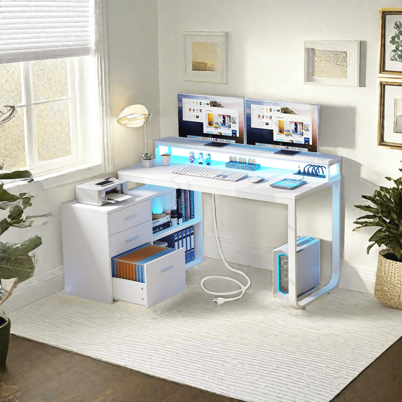 Uforic 55"L Shaped Desk with LED Light, Computer Desk with Power ...