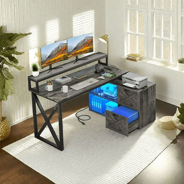 Uforic 55"L Shaped Desk with LED Light, Farmhouse Computer Desk with ...