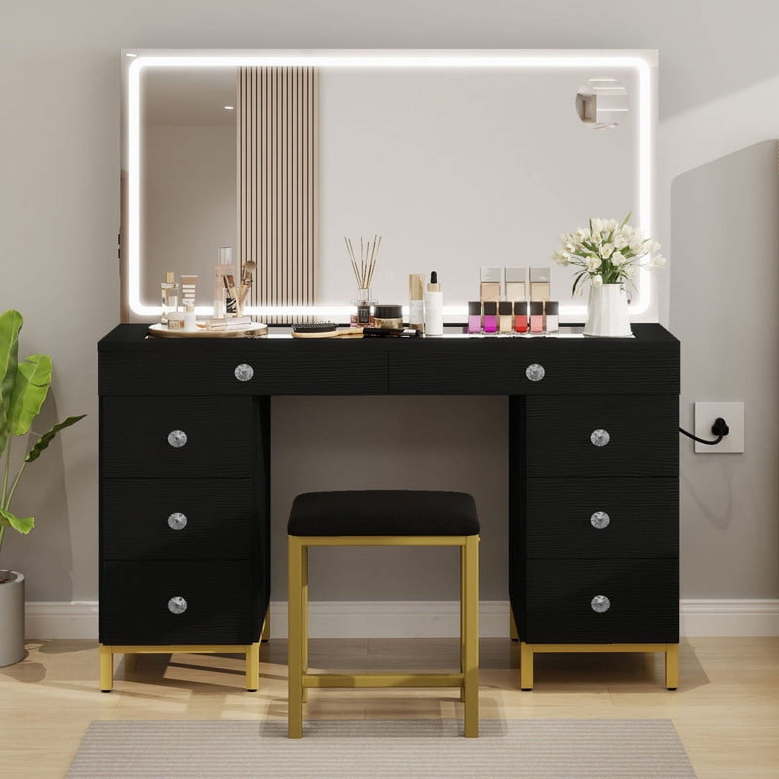 Uforic 55" Vanity Desk with LED Lighted Mirror & Power Outlet & 8 ...