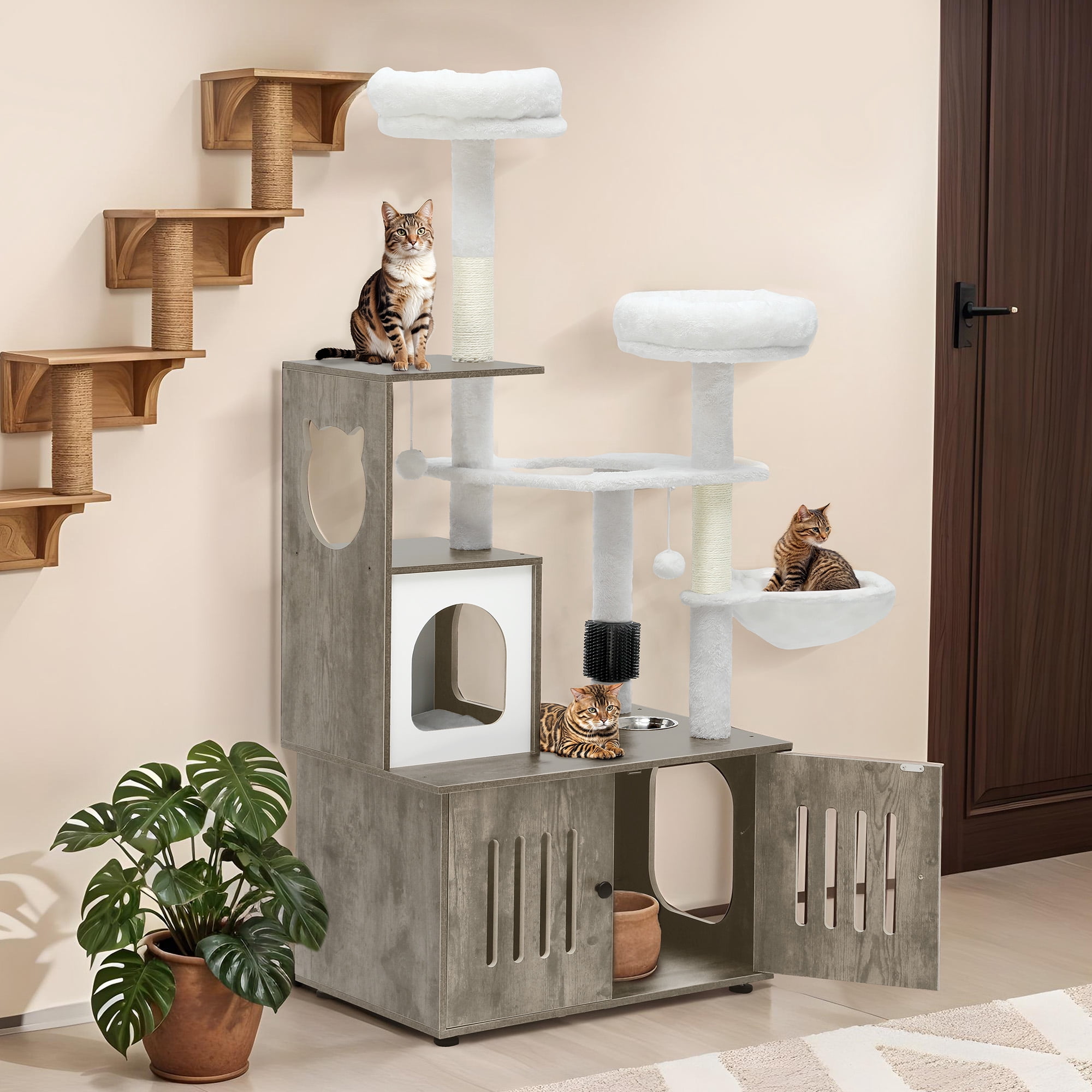 Uforic 59" Modern Wood Cat Tree for Indoor with Litter Box Enclosure ...