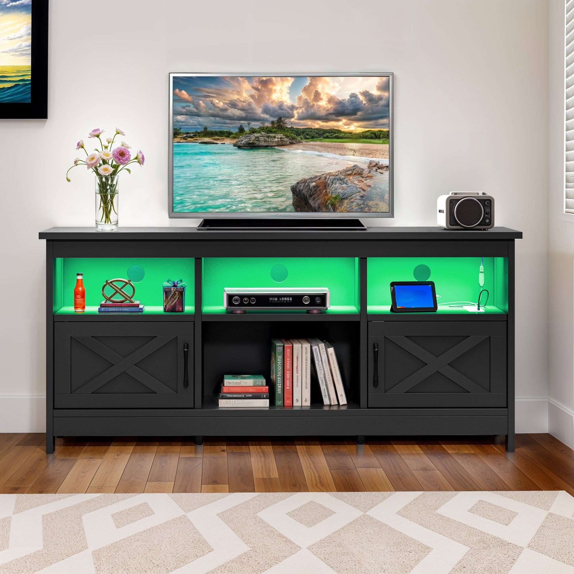 Uforic 59" TV Stand for 65" TV - Black Entertainment Center with ...