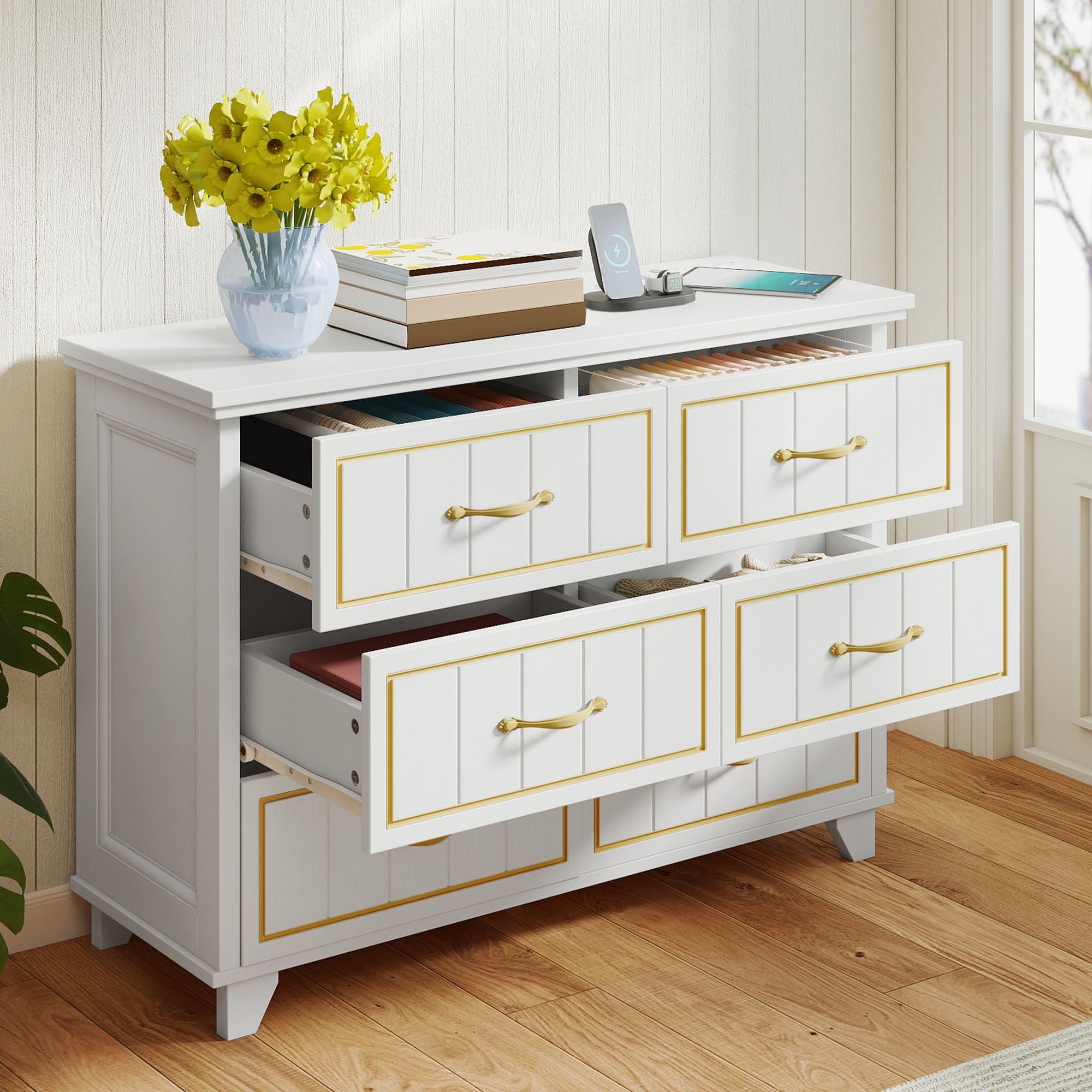 Uforic 6-Drawer Dresser with Power Strip, Gold Strips & Metal Handles ...