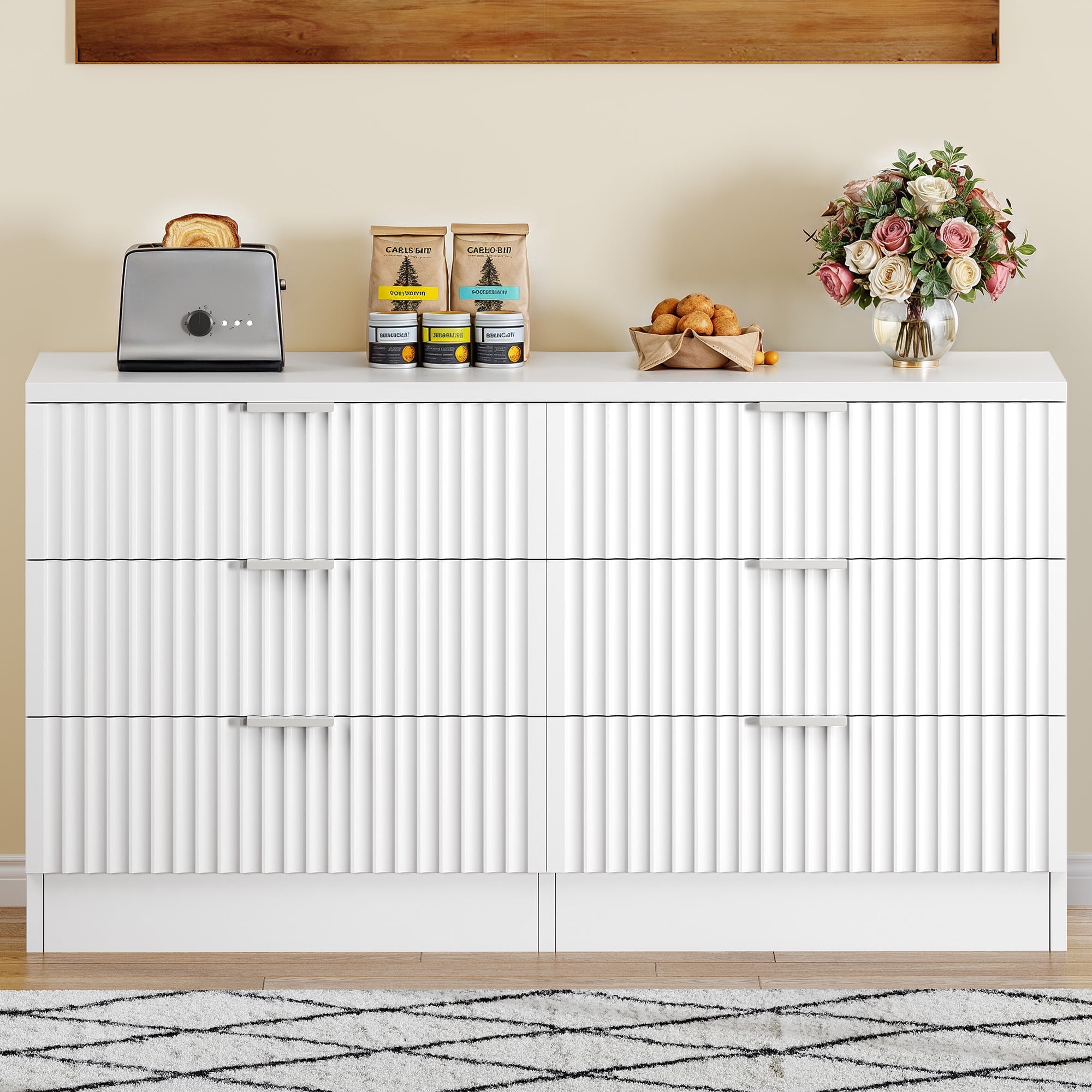 Uforic 6 Drawers Fluted Double Dresser, MDF Chest of Drawer Storage ...