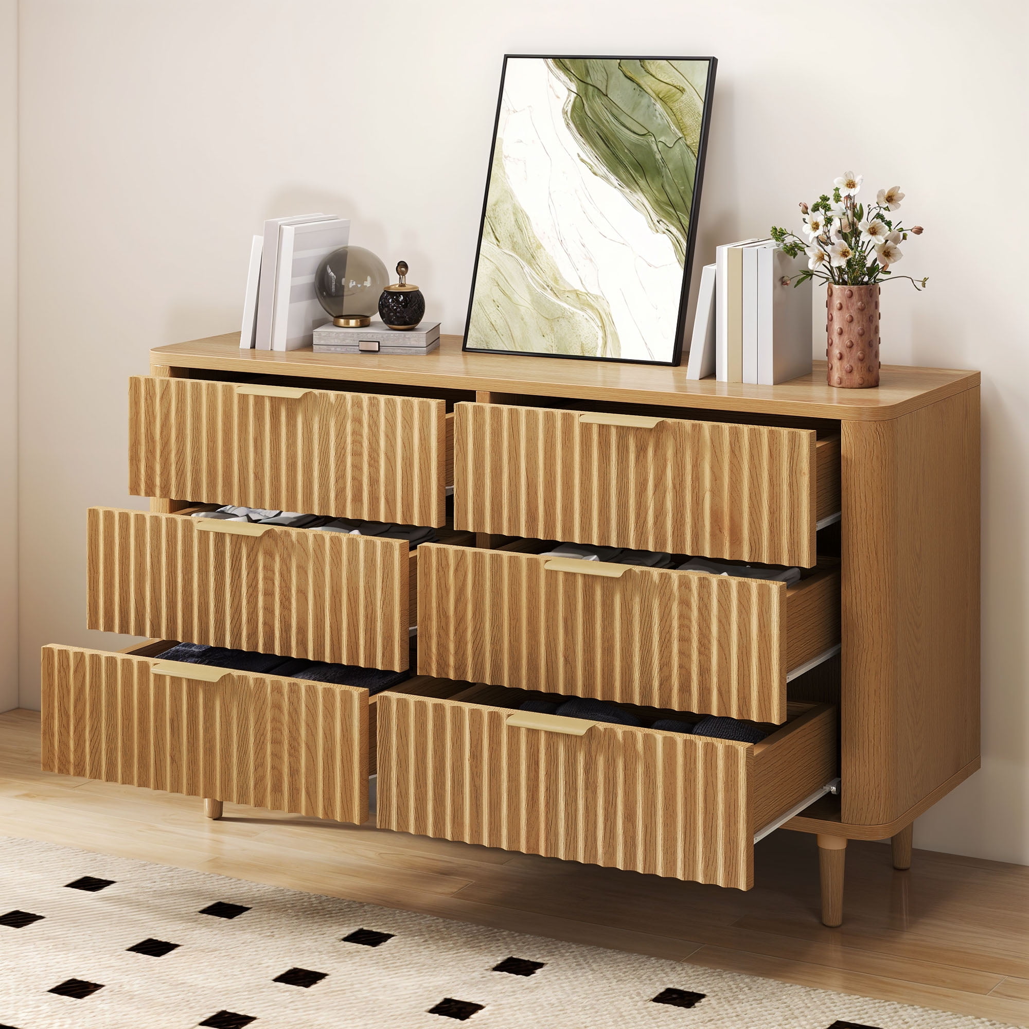 Uforic 6 Drawers Fluted Dresser with Anti-Tip Kits, Chest of Drawers ...