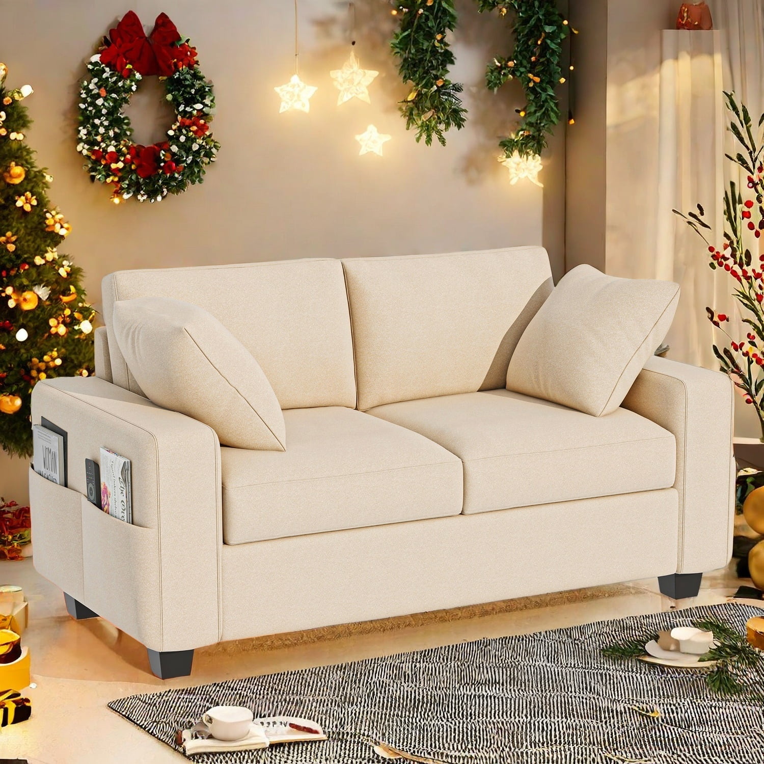 Uforic Modern Milky White Two-Seater Sofa, 152×76×88cm, Velvet Fabric ...