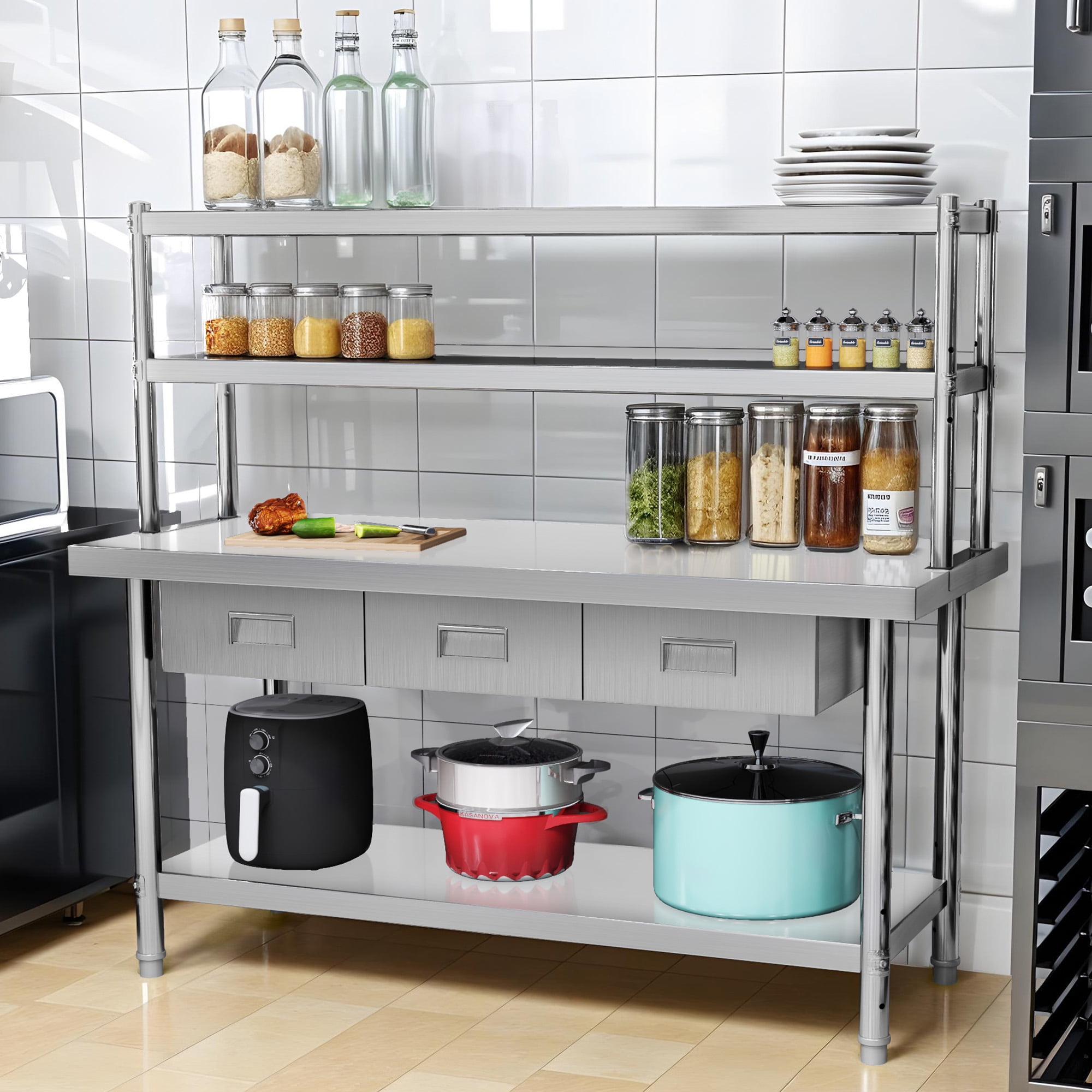 Uforic 60" X 24" Stainless Steel Table with Overshelves and 3 Drawers ...