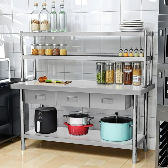 Uforic 60" X 24" Stainless Steel Table with Overshelves and 3 Drawers ...