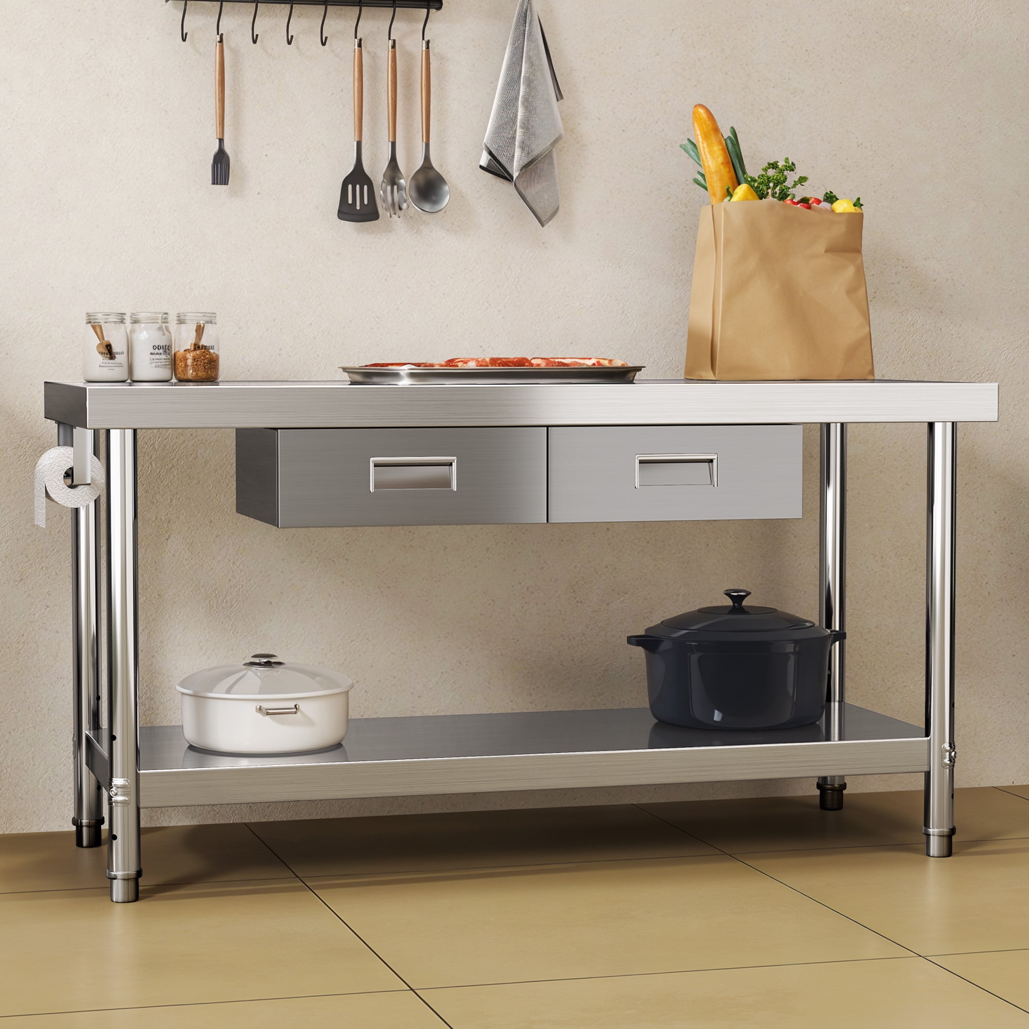 Uforic 60" x 24" Stainless Steel Prep Table with 2 Drawers, Paper Towel ...
