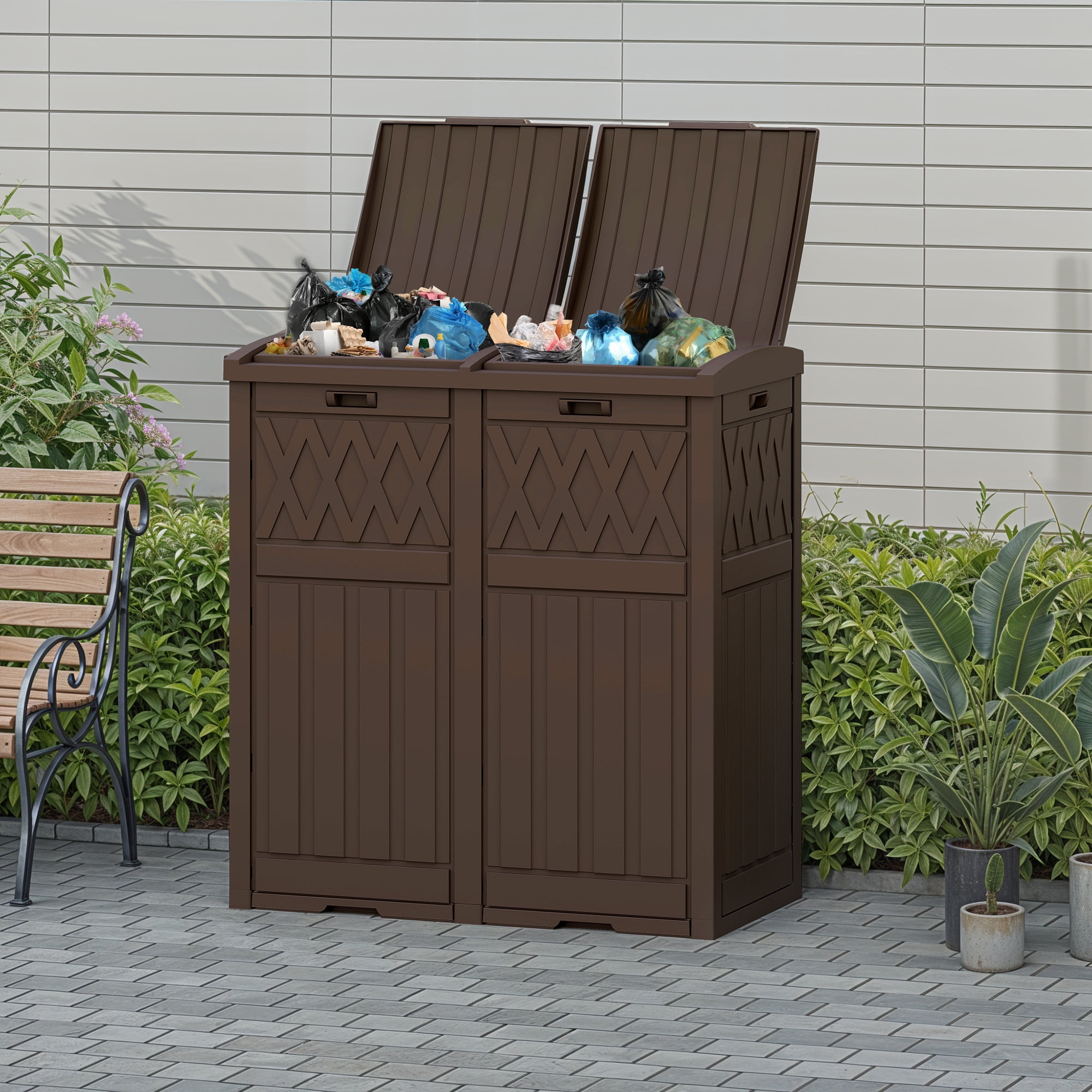 Uforic 61 Gallon Large Double-Bin Trash Bin,Waterproof Resin Garbage ...